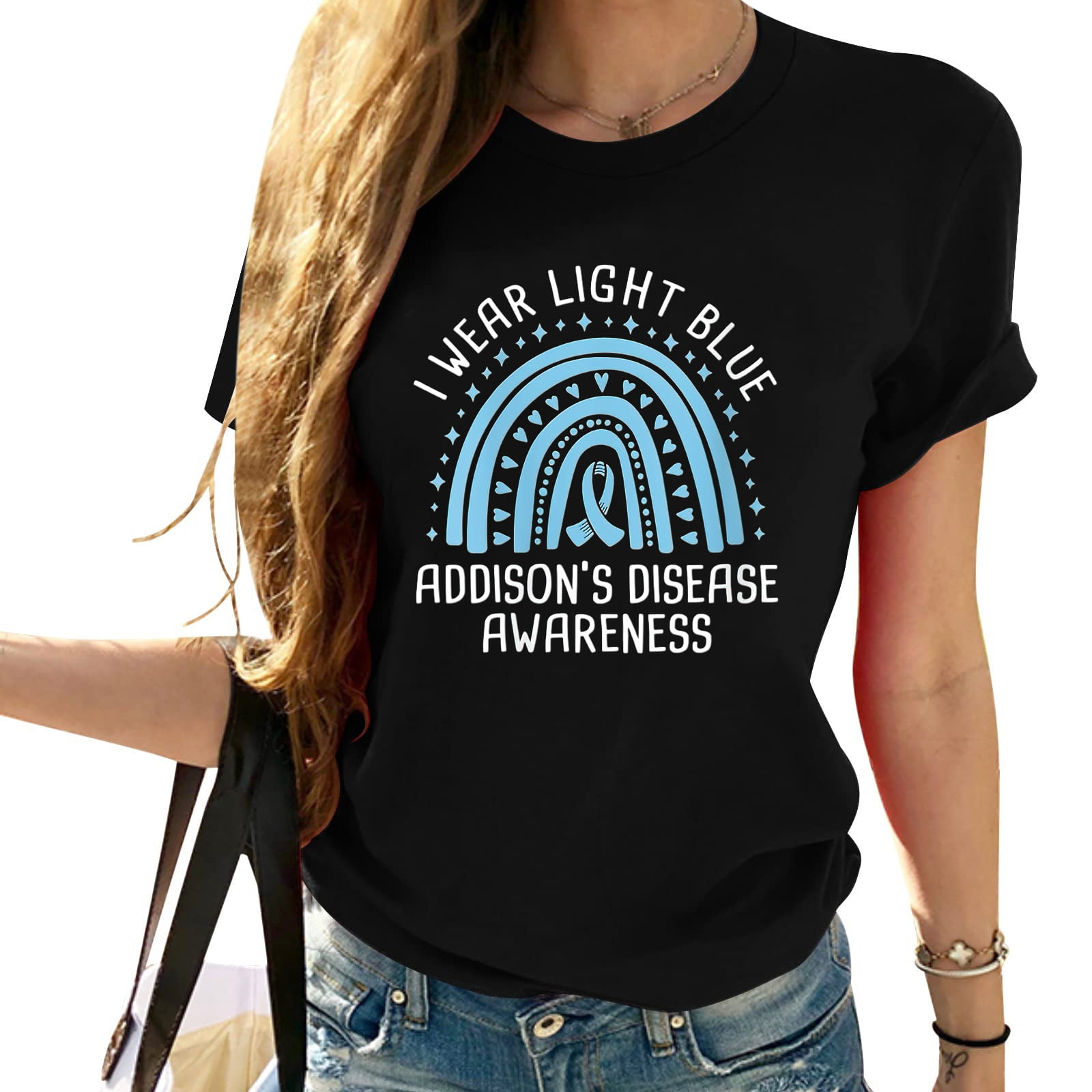 Womens I Wear Light Blue Addison’s Disease Awareness Round Neck T-Shirt ...