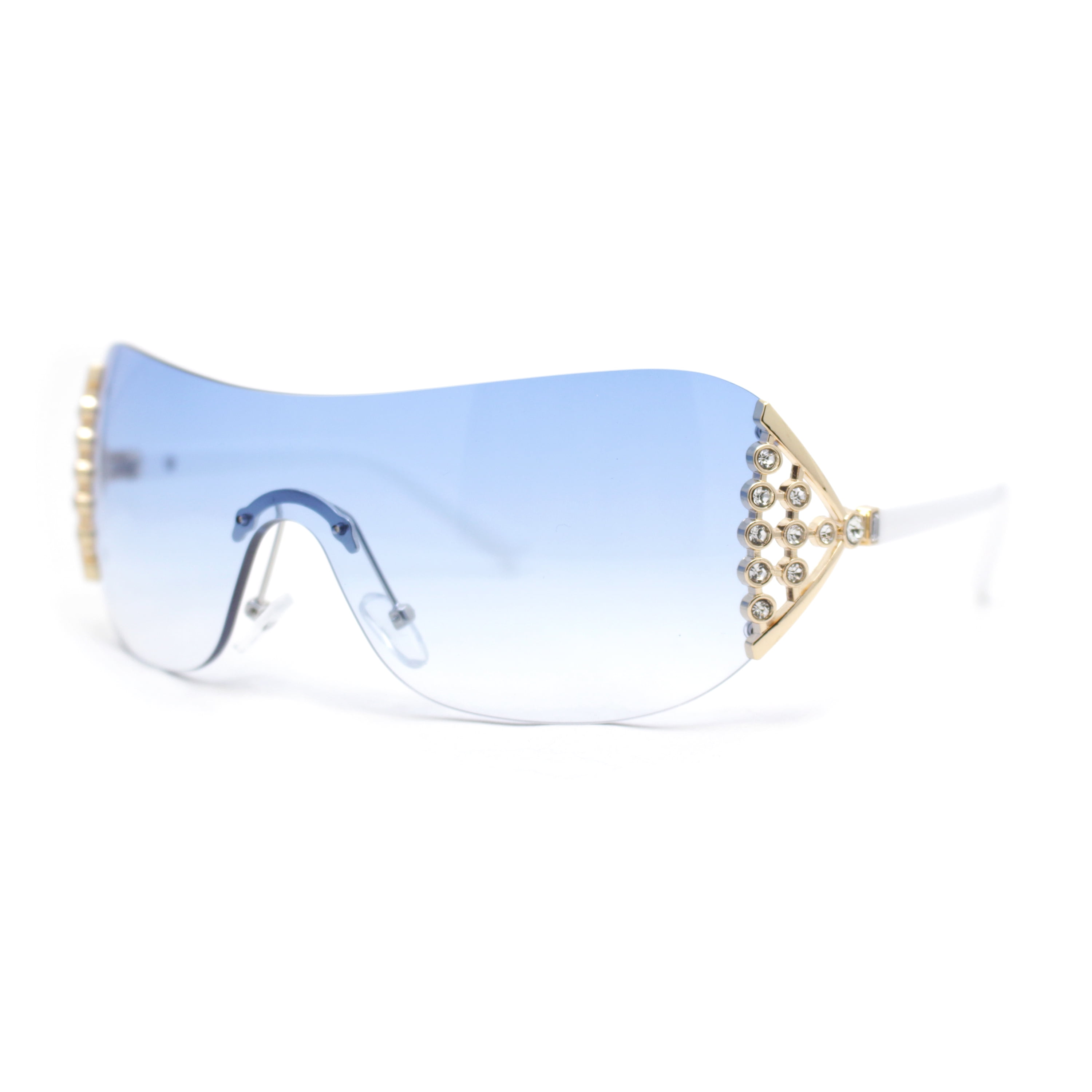 Womens Iced Out Rhinestone Jewel Hinge Curved Wrap Shield Rimless ...