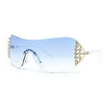 Womens Iced Out Rhinestone Jewel Hinge Curved Wrap Shield Rimless ...