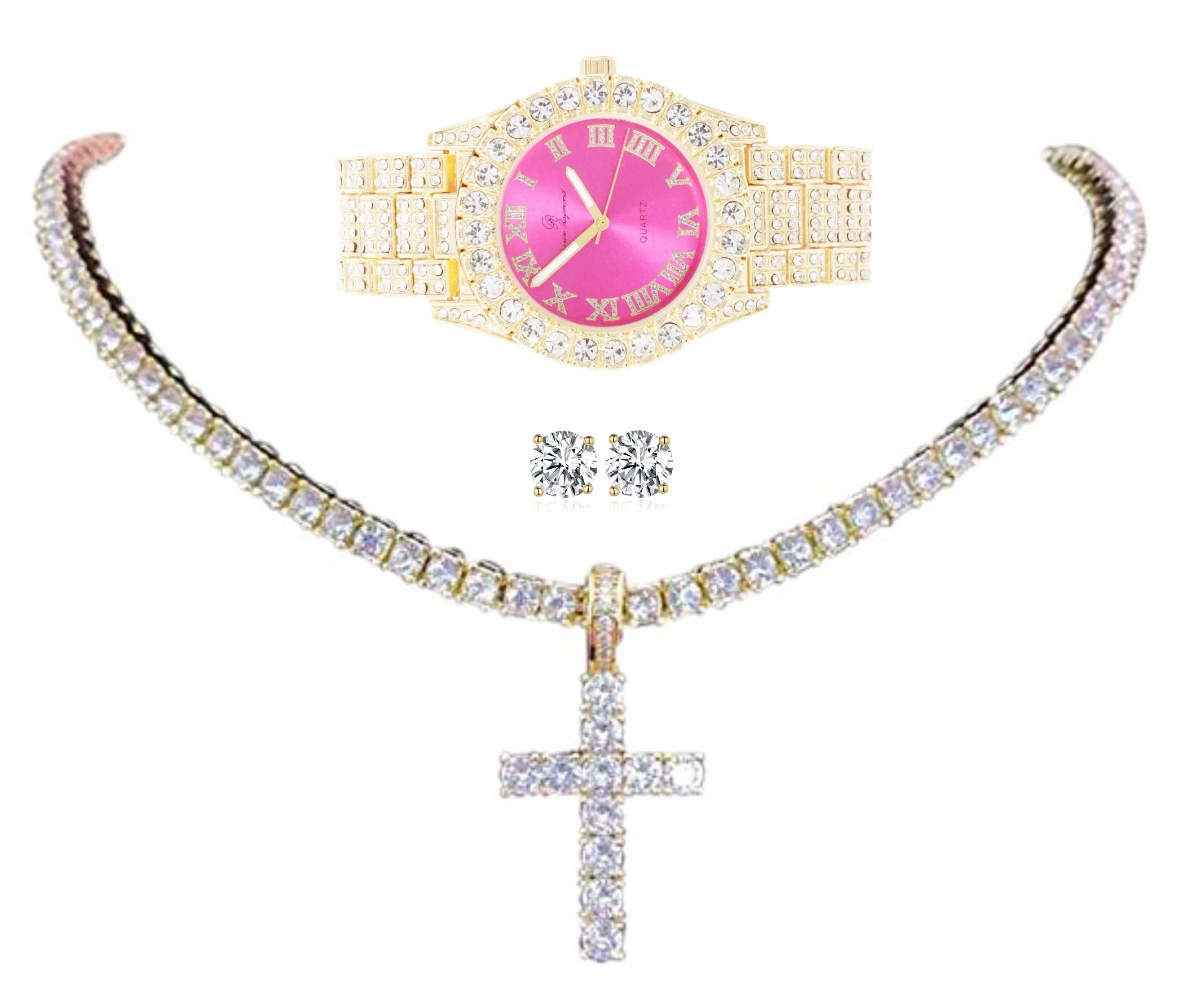 Womens Iced out Watches with Diamond Stud Earrings and Flawless blinged ...