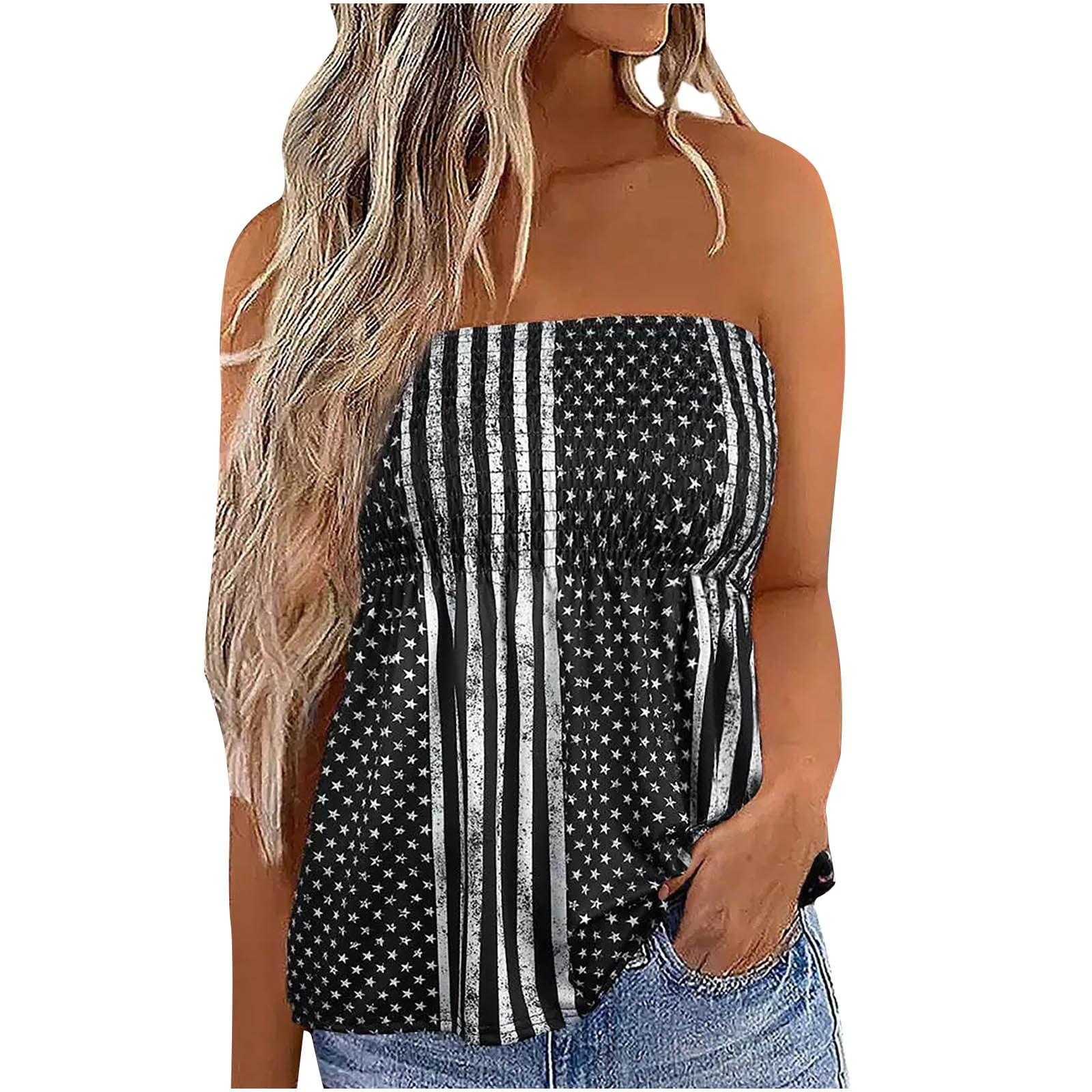 Womens Independence Day Tube Tops 2024 Strapless Pleated Tanks Shirt ...