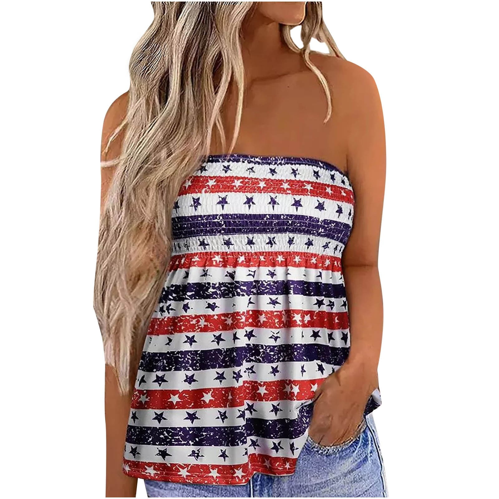 Womens Independence Day Tube Tops 2024 Strapless Pleated Tanks Shirt ...