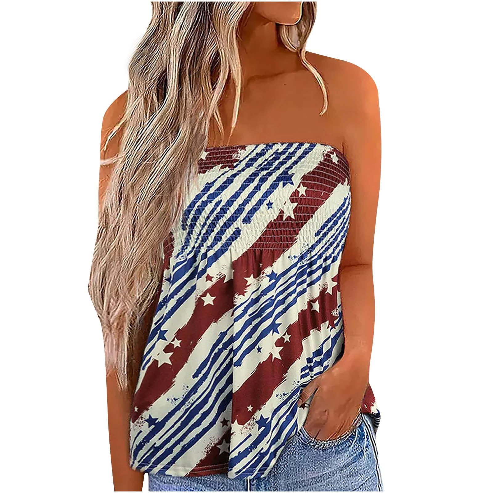 Womens Independence Day Tube Tops 2024 Strapless Pleated Tanks Shirt ...