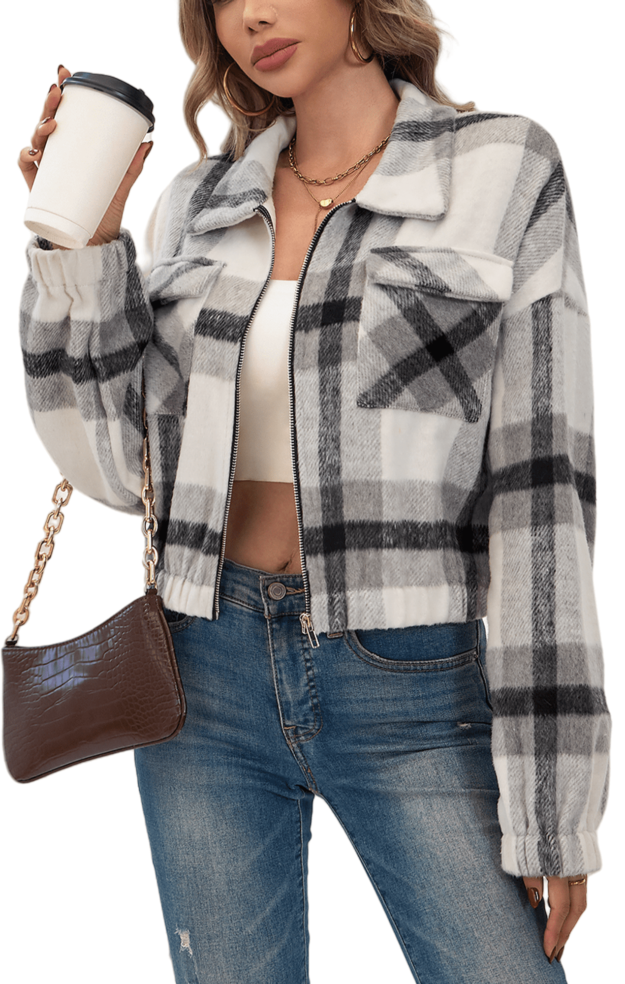 MLDRA Womens Jacket Plaid Shacket Blouses Cropped Checkered Long Sleeve ...