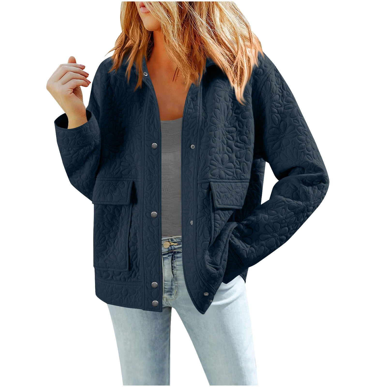Womens Jacquard Jackets Thermal Lapel Long Sleeve Blazer Relaxed Fit ...