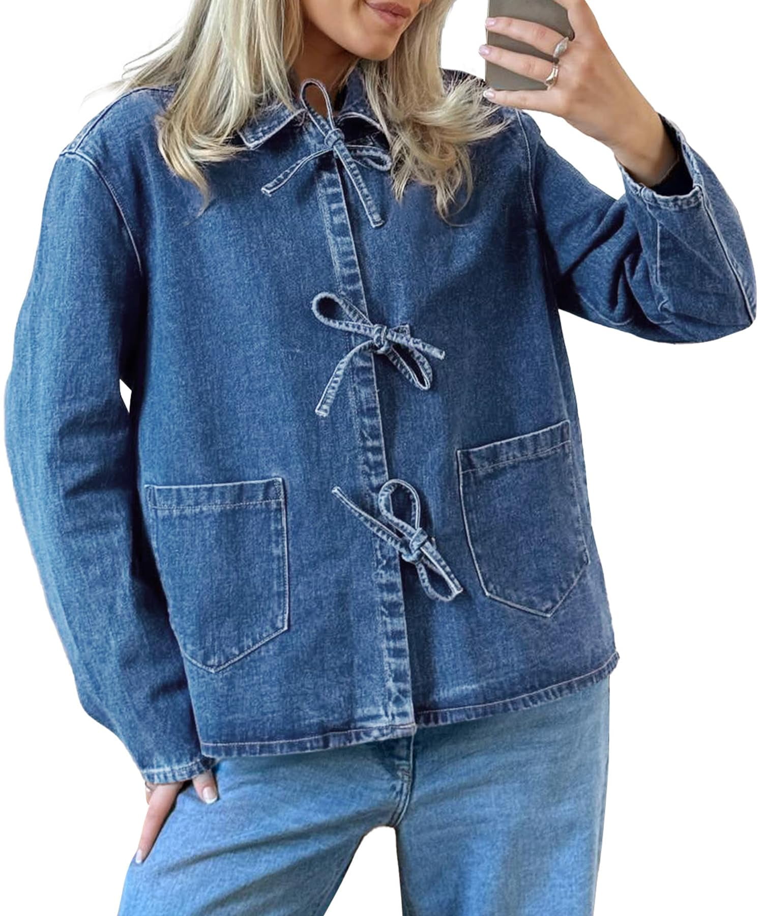 Womens Jean Jacket Tie Front Denim Shacket Tops Fall Fashion Long ...