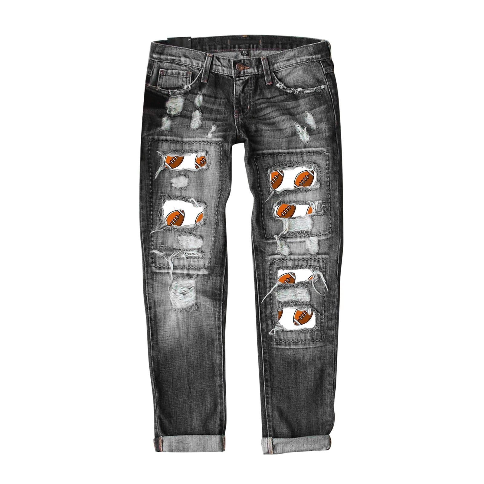 Womens Jeans High Waisted Football Print Print Ripped Denim Comfortable ...