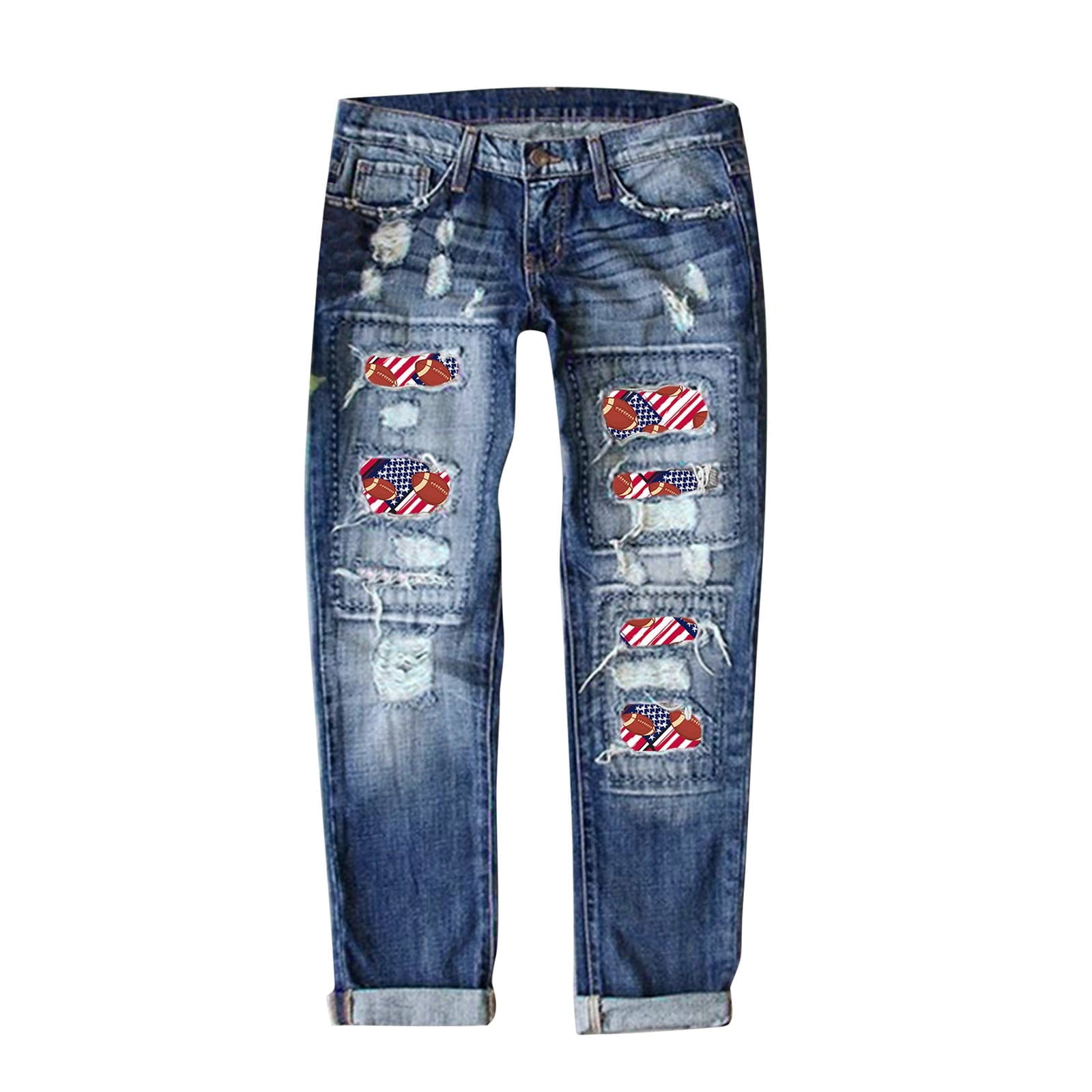 Womens Jeans Trendy Football Print Print Ripped Denim Comfortable ...