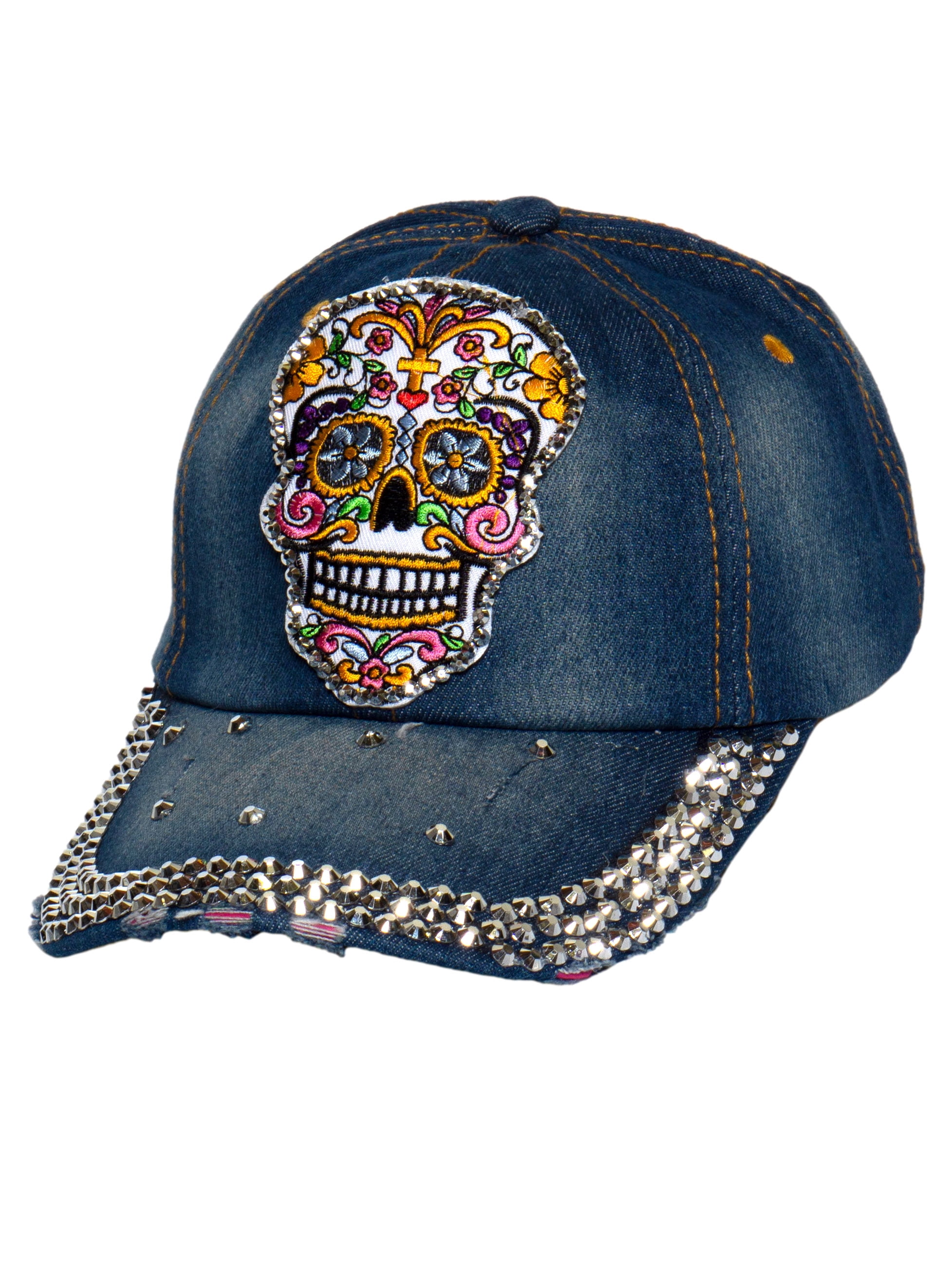 Womens Jeweled Studded Hat - Sugar Skull Day of the Dead Distressed ...