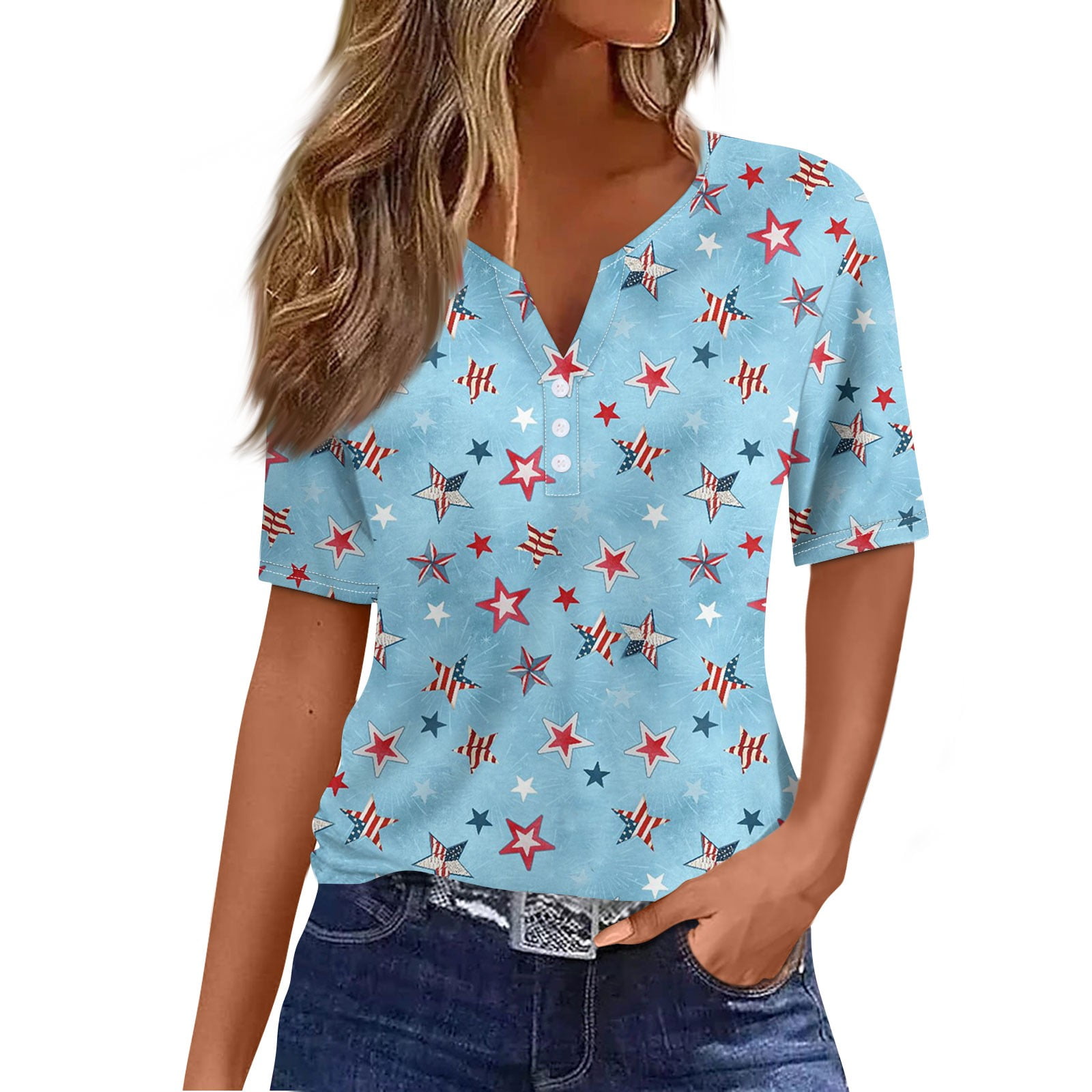 Womens July 4th Tops 3/4 Sleeve Button Henley Neck Cute Shirts Casual ...