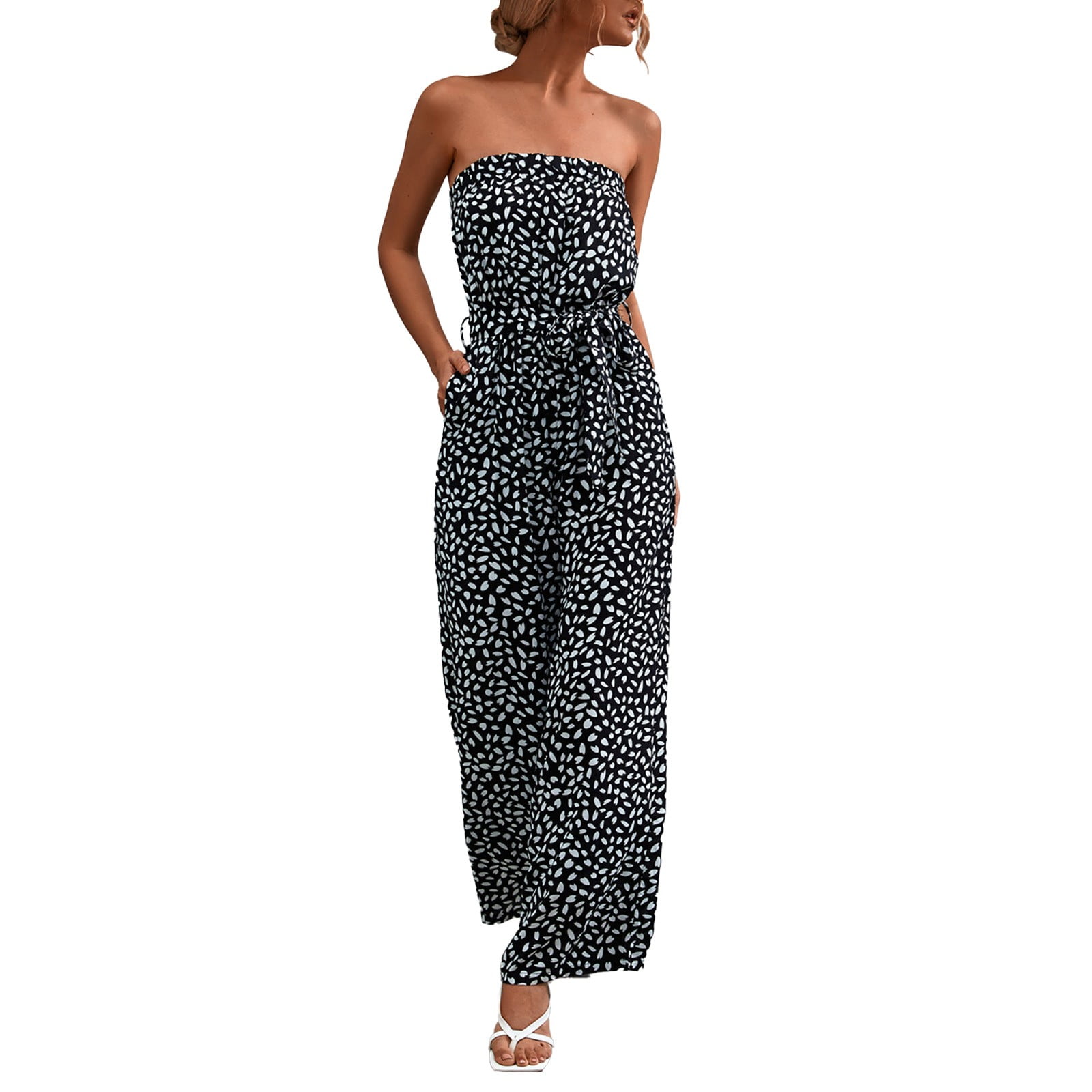 Womens Jumpsuit Summer Casual off Shoulder Strapless Floral Print ...