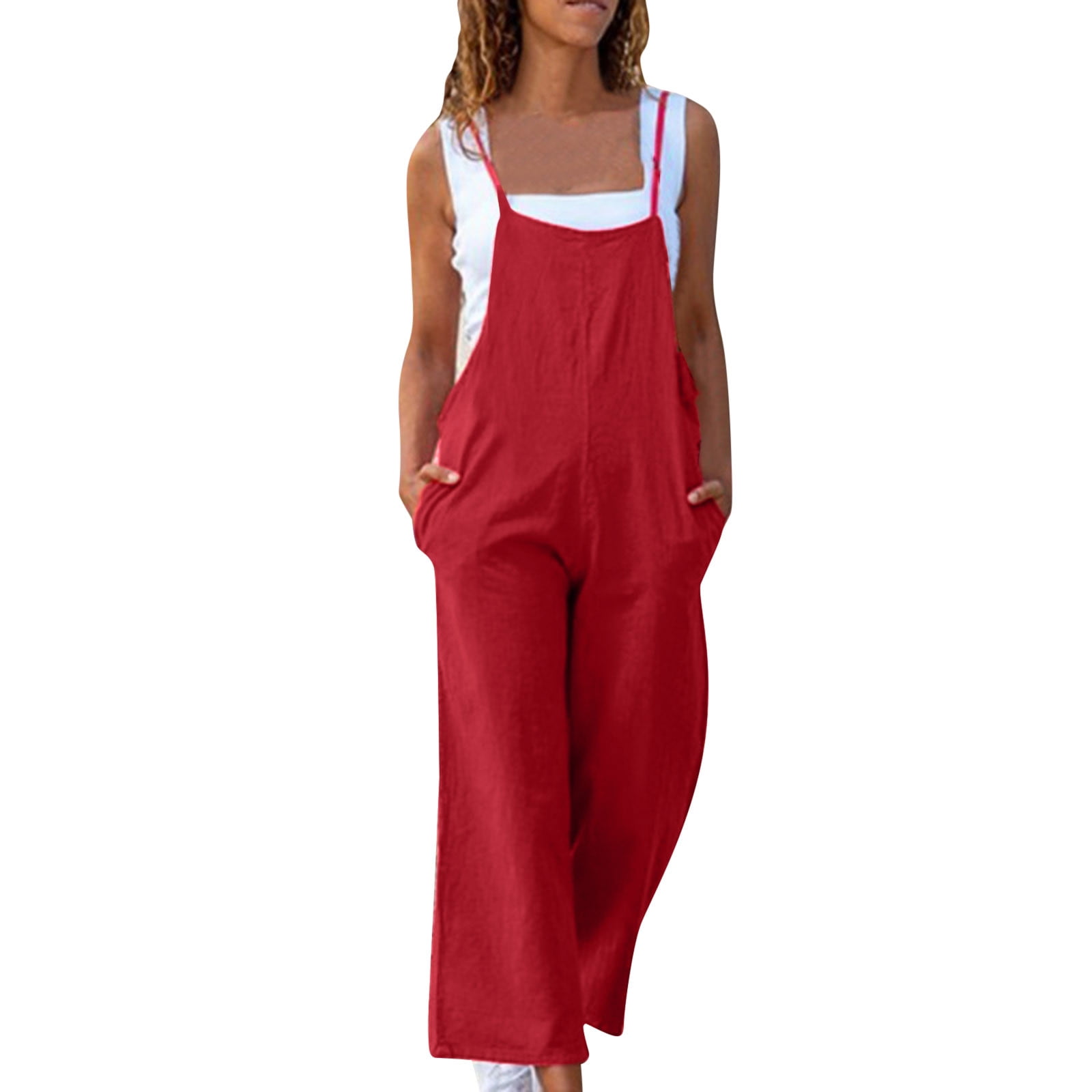 Womens Jumpsuits Fashion Solid Color Sleeveless Tank Baggy Loose Linen ...