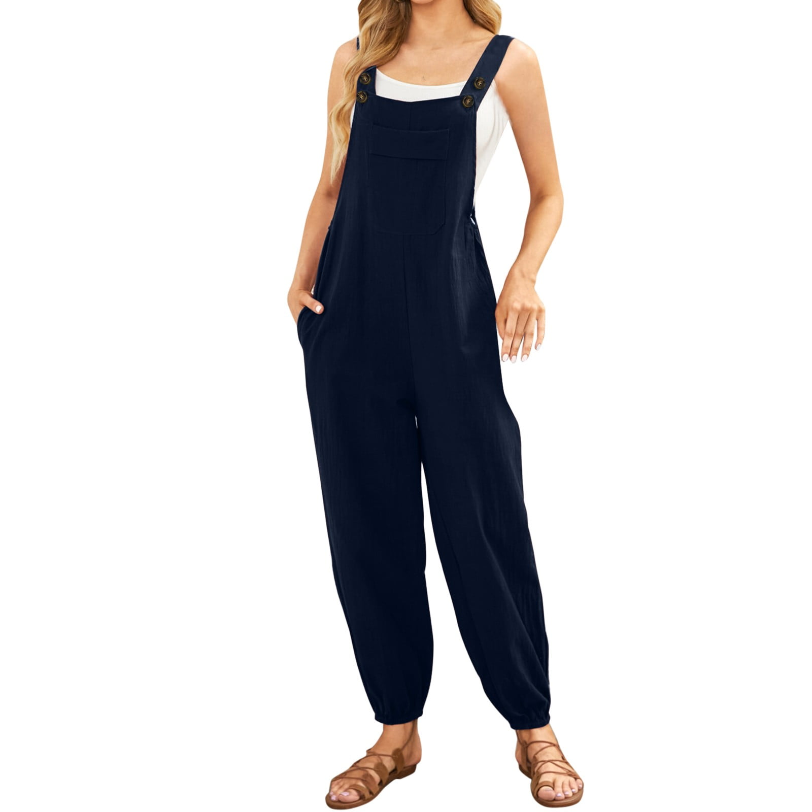 Womens Jumpsuits Sleeveless Casual Solid Summer Wide Leg Bib Pants ...
