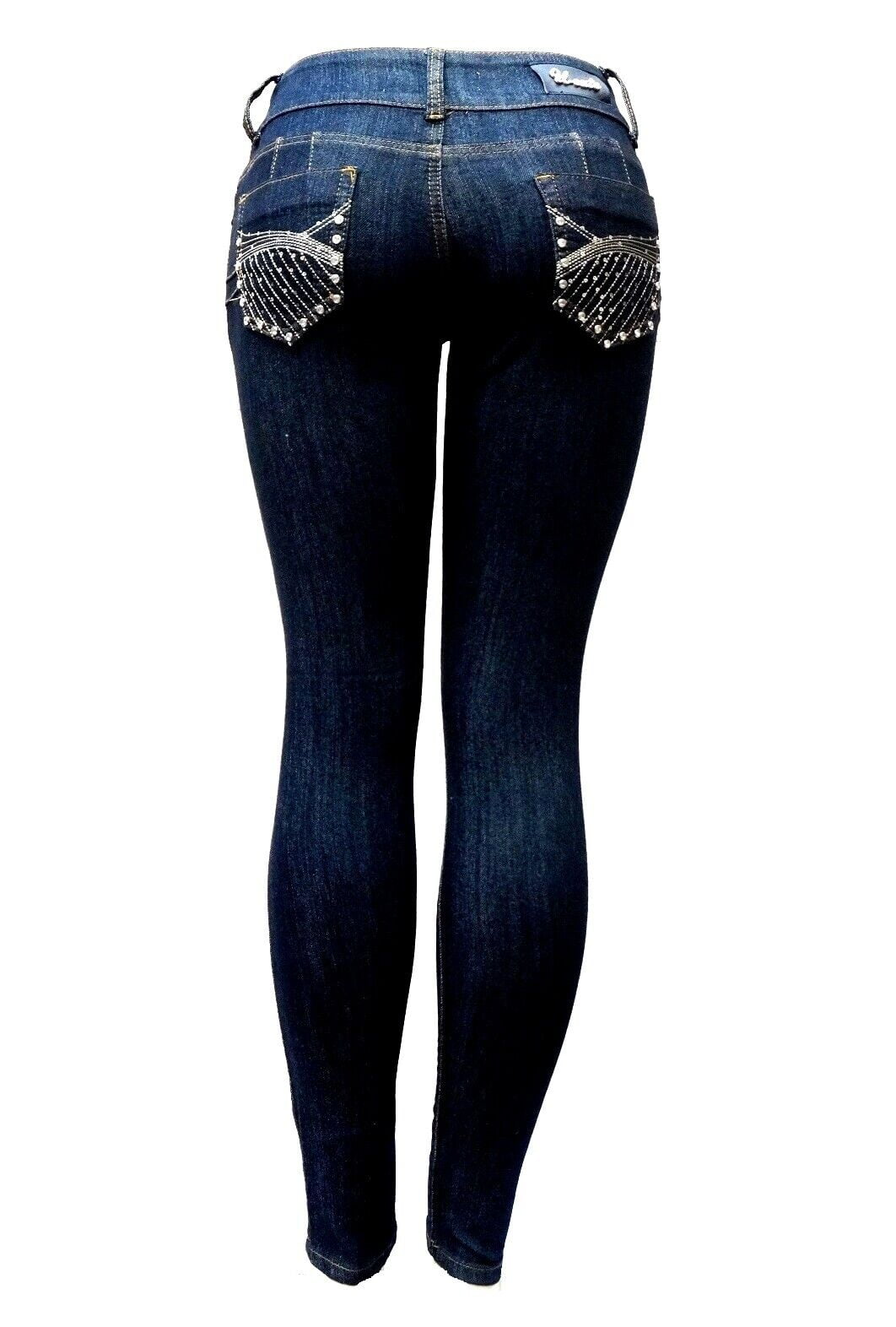 Womens Juniors slime Stretch Denim Rhinestone Studded Black / Blue ...