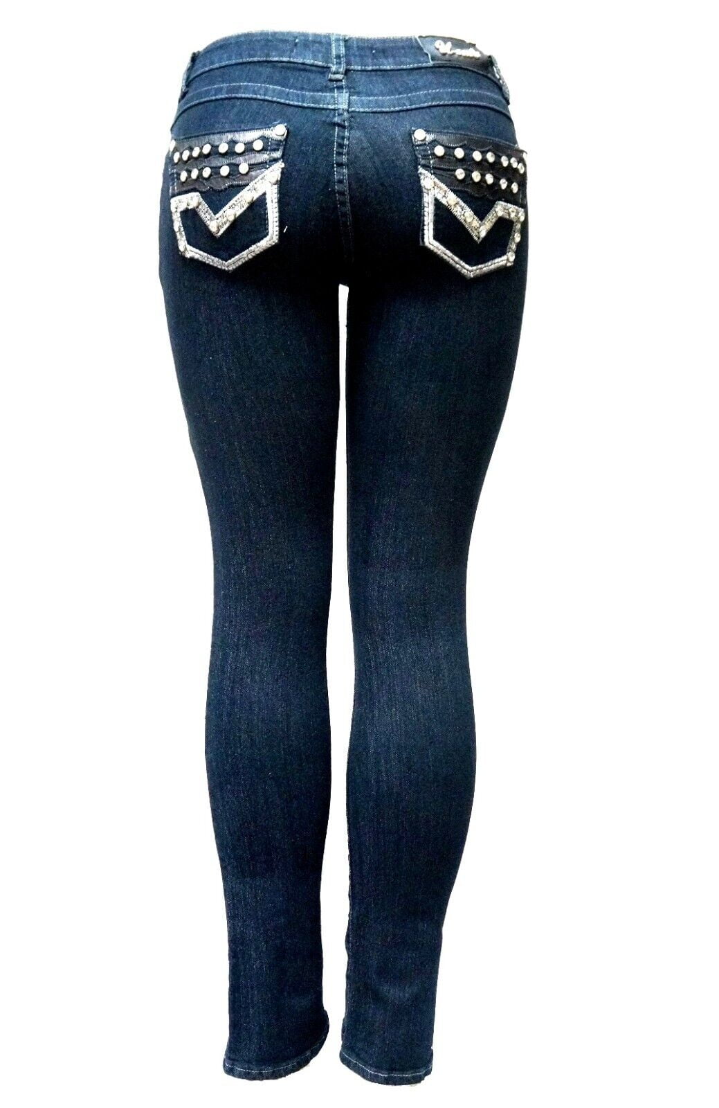 Womens Juniors slime Stretch Denim Rhinestone Studded Black / Blue ...