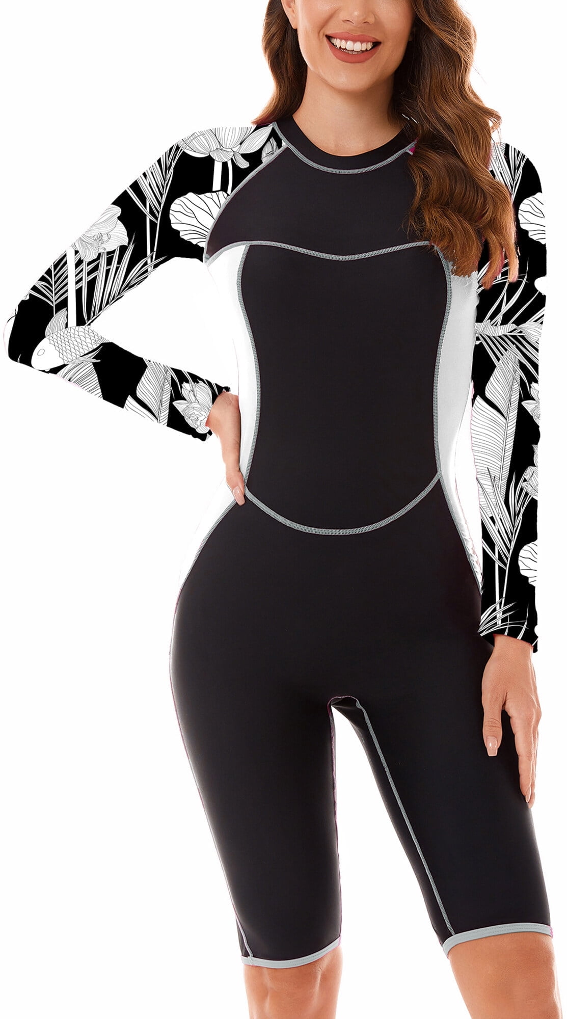 Womens Knee High Rash Guard Long Sleeve Zip Back Swimsuits One Piece ...