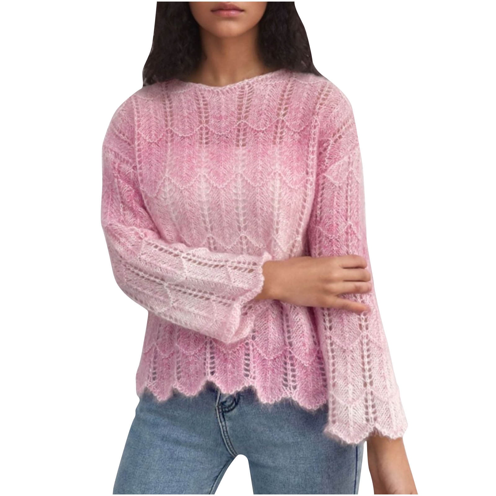 Womens Knit Color Pullover Sweater Cute Crew Neck Long Sleeve Shirt ...