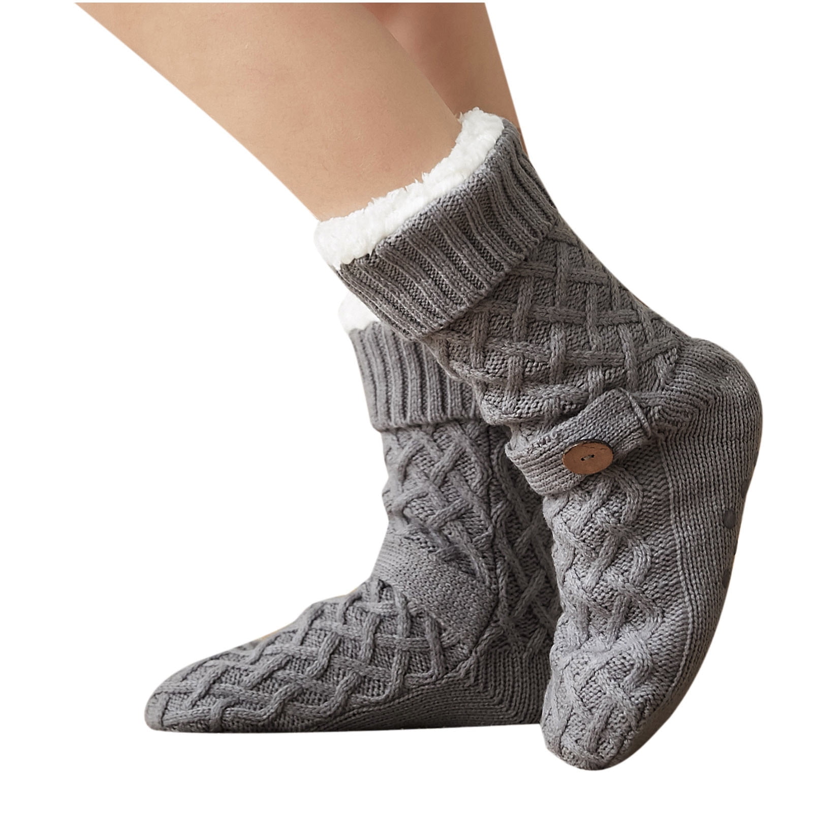 Womens Knit Sherpa Lined Slipper Socks with Grippers Warm Bootie Thick ...