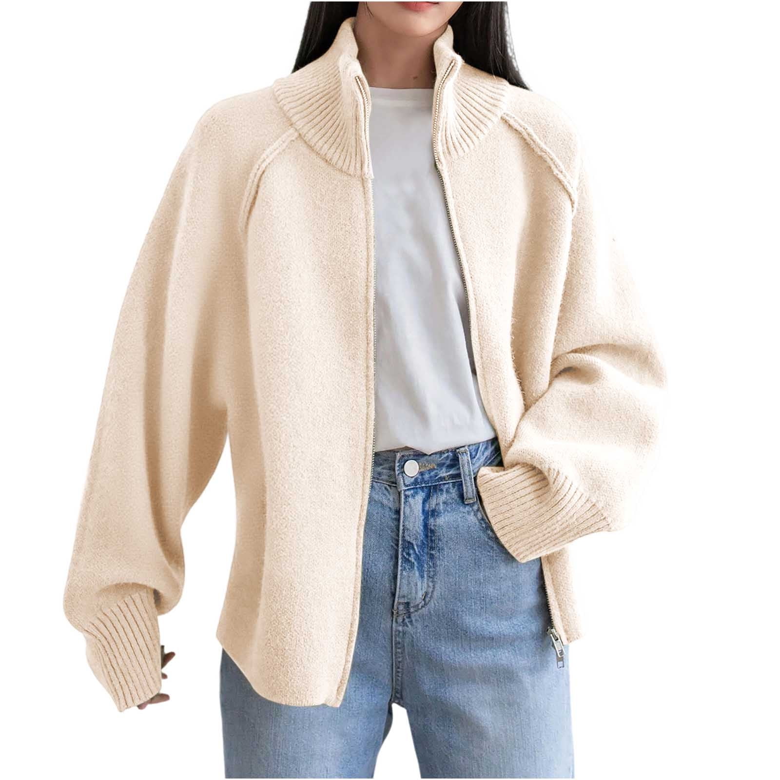 Womens Knit Sweater Full-zip Jacket Double Zippers High Neck Loose Long ...