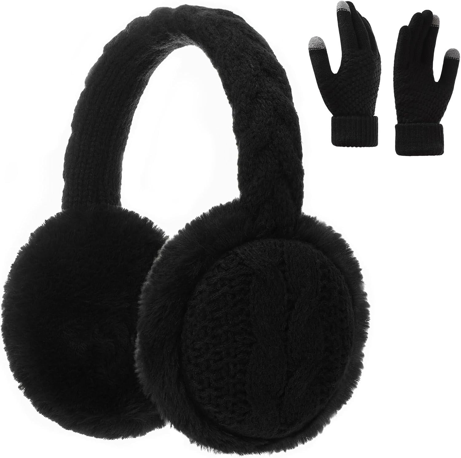 Womens Knitted Fuzzy Earmuffs and Touch Screen Gloves Set, Winter Warm ...