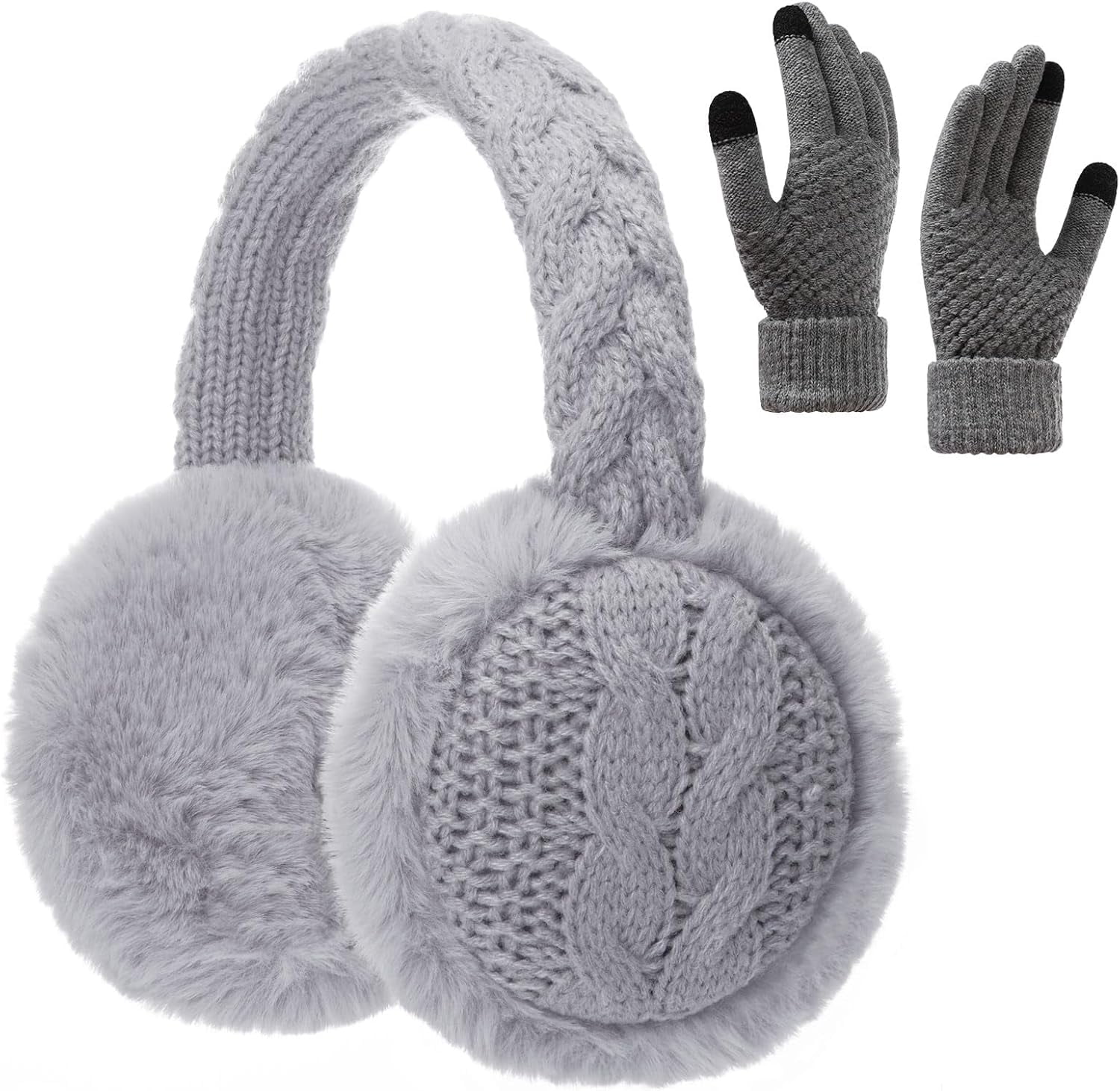 Womens Knitted Fuzzy Earmuffs and Touch Screen Gloves Set, Winter Warm ...