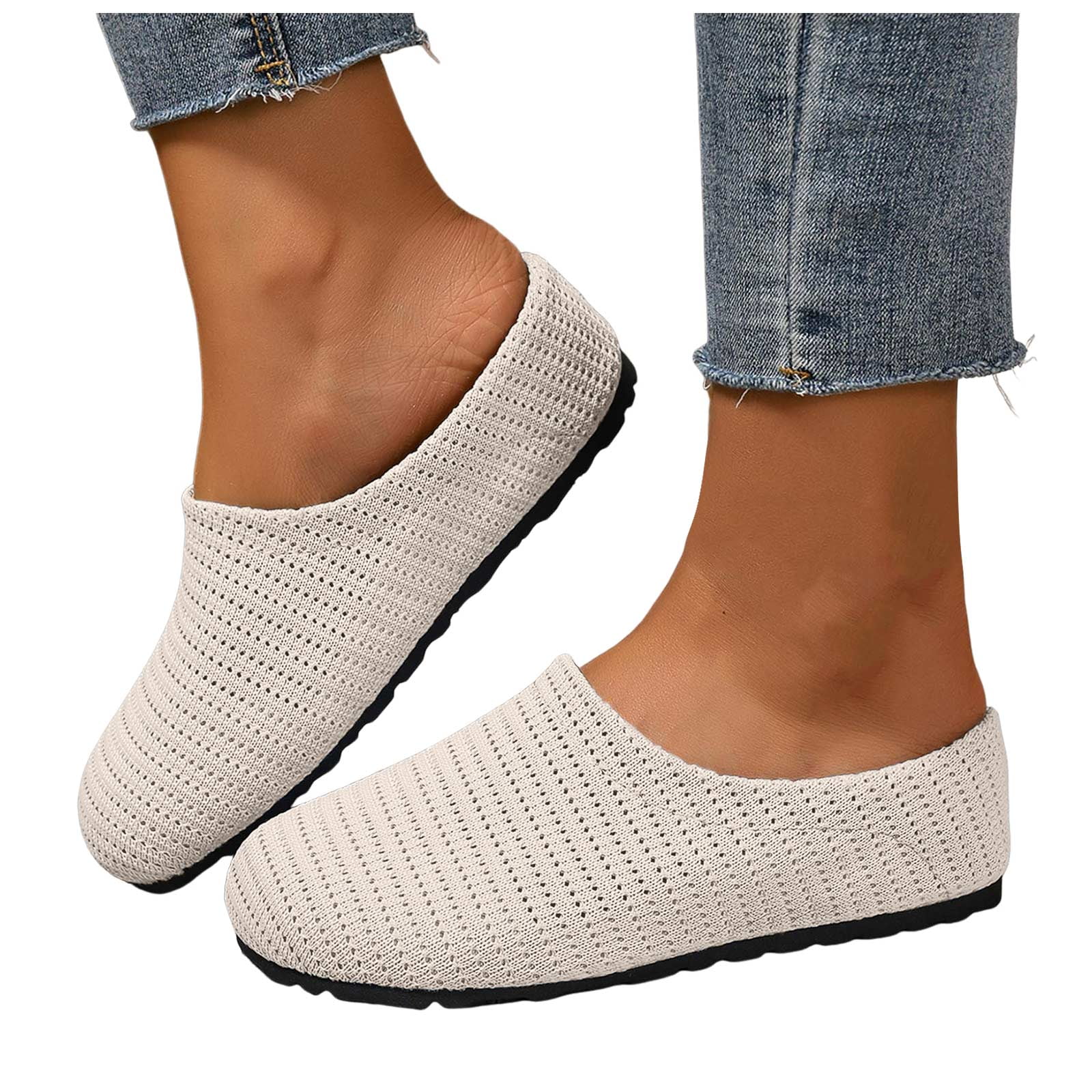 Womens Knitted Mesh Slip On Slippers Breathable Flat Walking Mules ...