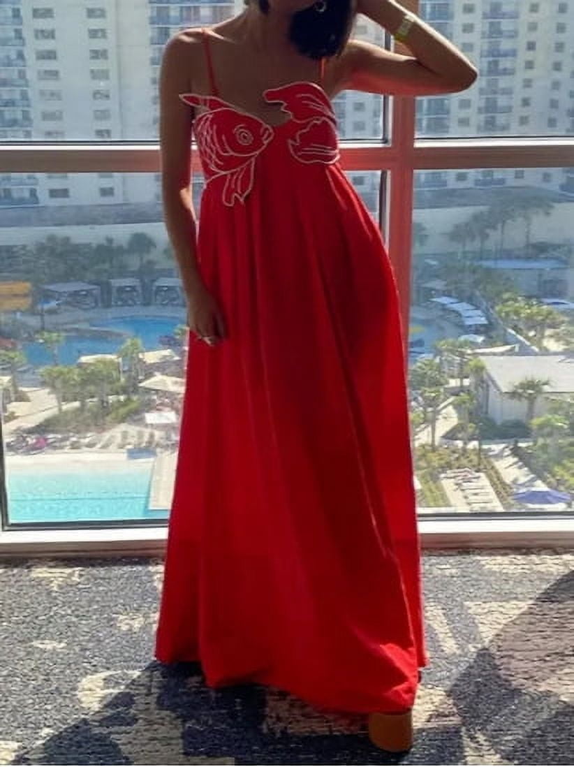 Womens Koi Fish Sleeveless Long Strap Dress High Waist 3D Fish Maxi ...