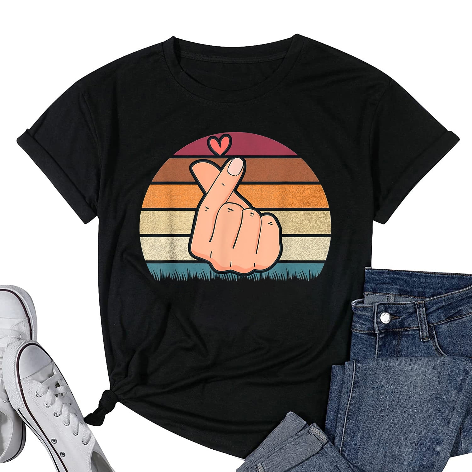 Womens Kpop Korea Cute Korean Love Heart Hand Symbol T-Shirt Black 4X-Large - Walmart.com