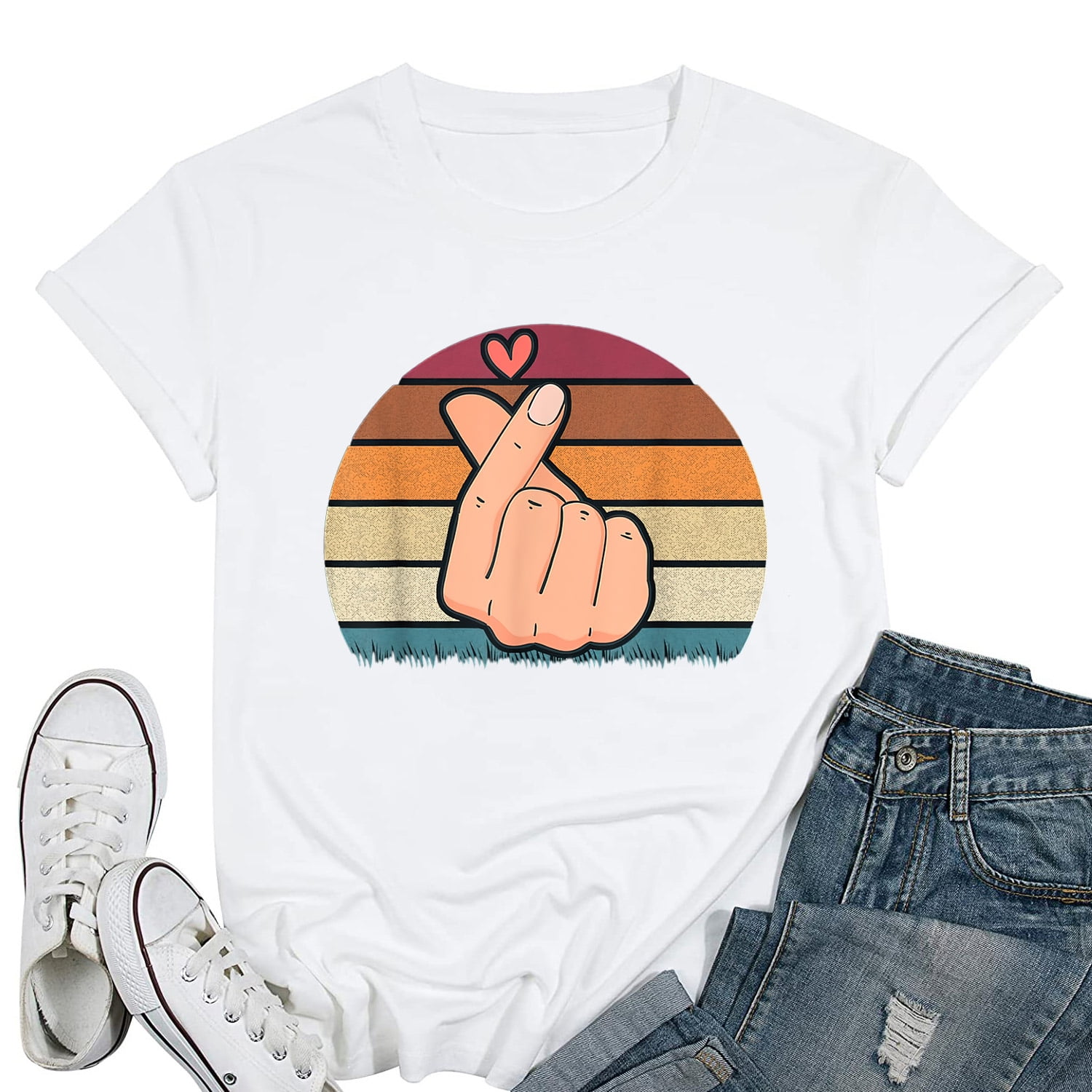 Womens Kpop Korea Cute Korean Love Heart Hand Symbol T-Shirt White Large - Walmart.com