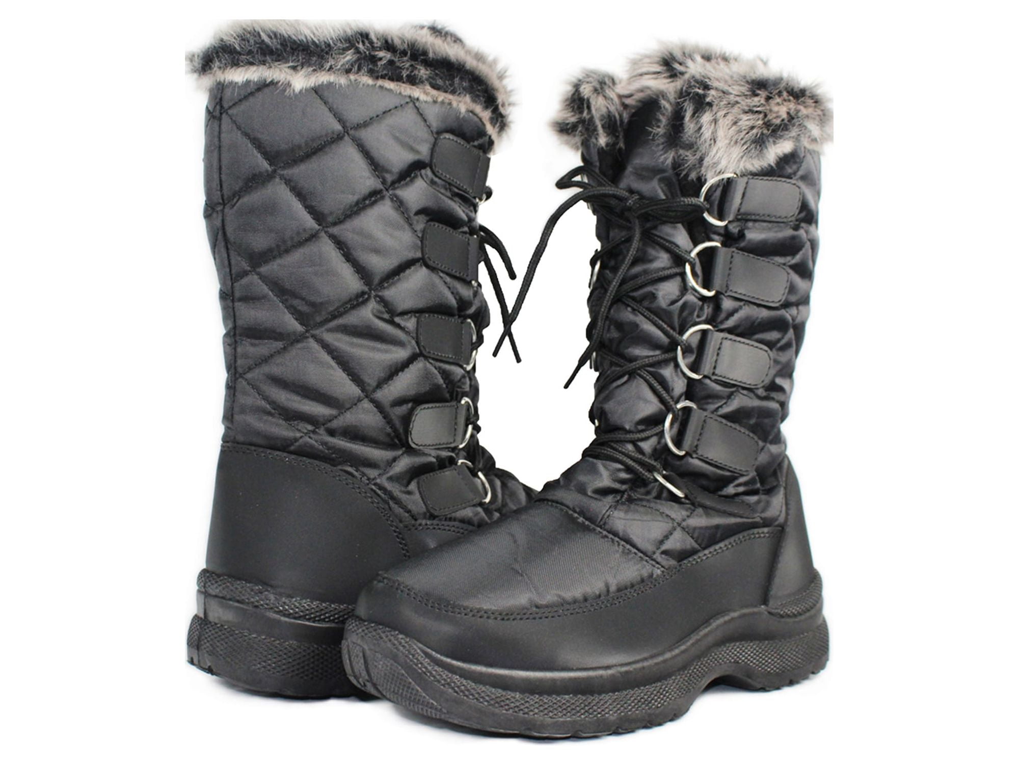 Own Shoe Womens Mid Calf Winter Snow Boots, Lace Up, Black, Faux Fur ...