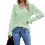 Womens Lace V Neck Puff Long Sleeve Eyelet Tops Dressy Business Casual ...