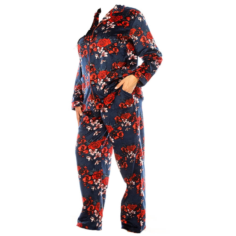 Womens Ladies Fleece Navy Red Rose Print Button Up PJ Pajama Set (1 set ...