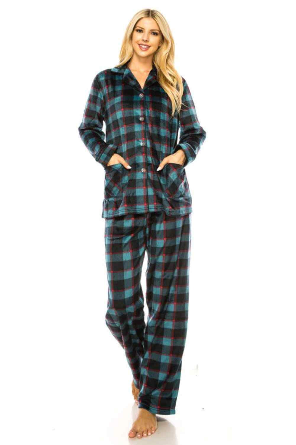 Womens Ladies Fleece PJ Pajama Set, Blue Plaid Button Up (1 set), Size ...