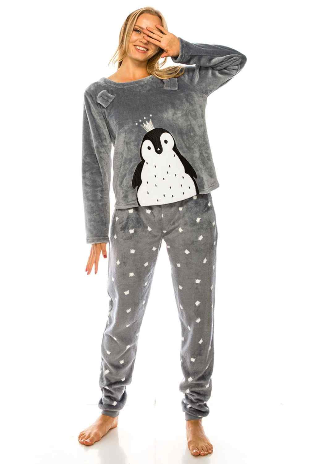 Womens Ladies Fleece PJ Pajama Set, Grey Penguin (1 set), Size XL ...