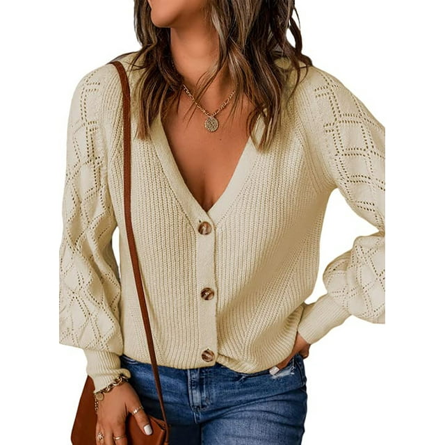 Oversized Women's Lantern Long Sleeve V Neck Cardigan Sweater, Open ...