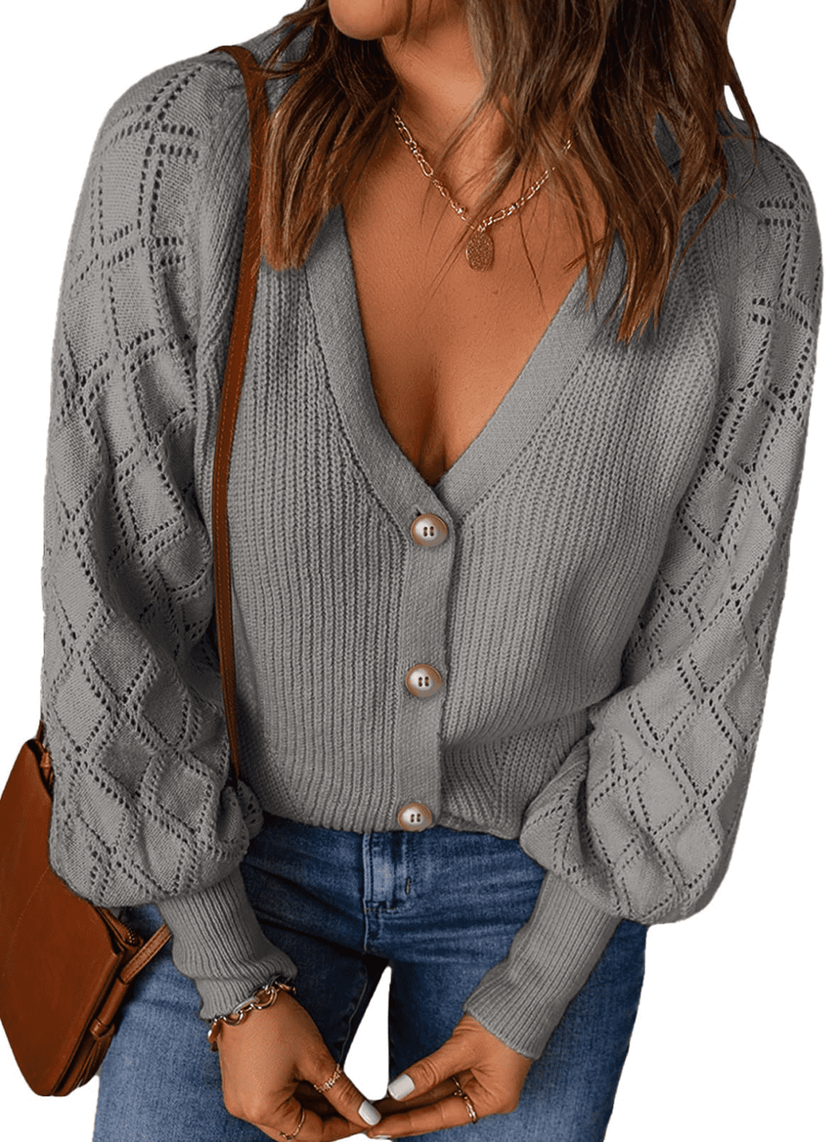 Womens Lantern Long Sleeve Cardigans V Neck Open Front Button Down Knit