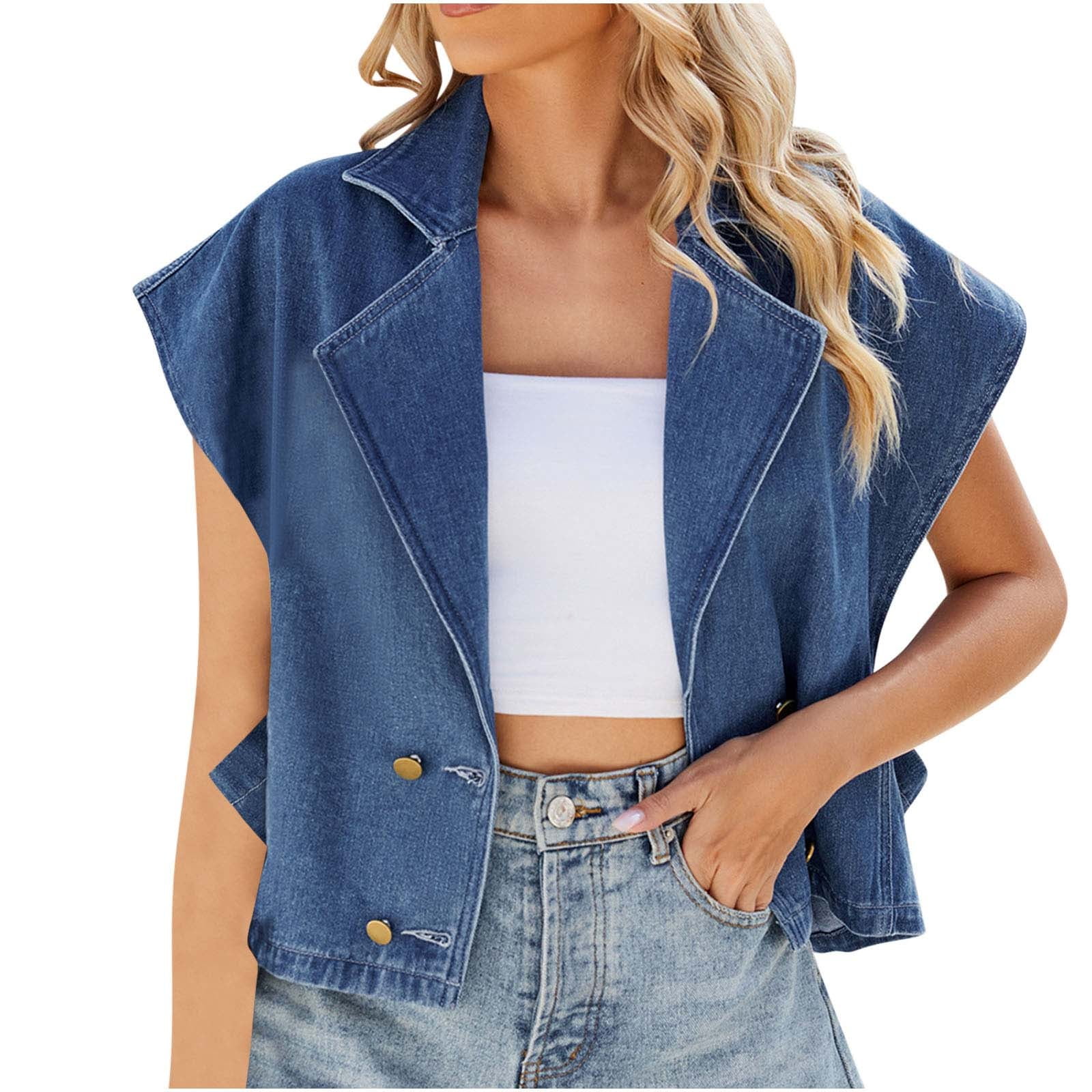 Women's Lapel Denim Vest Casual Loose Fit Button Down Jean Vest Tops ...