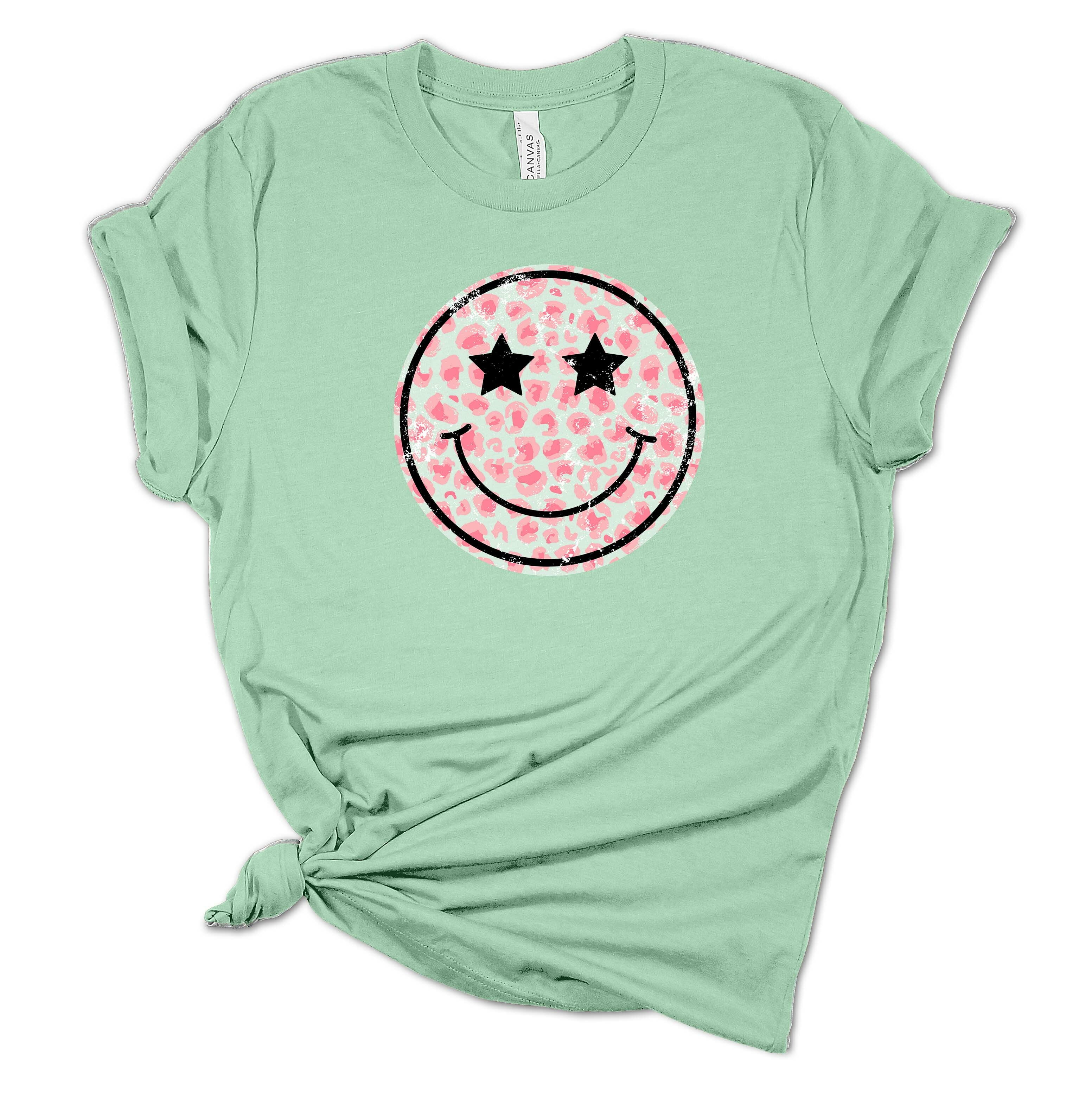 Womens Leopard Happy Face Smile Unisex Fit Short Sleeve T-shirt Graphic ...