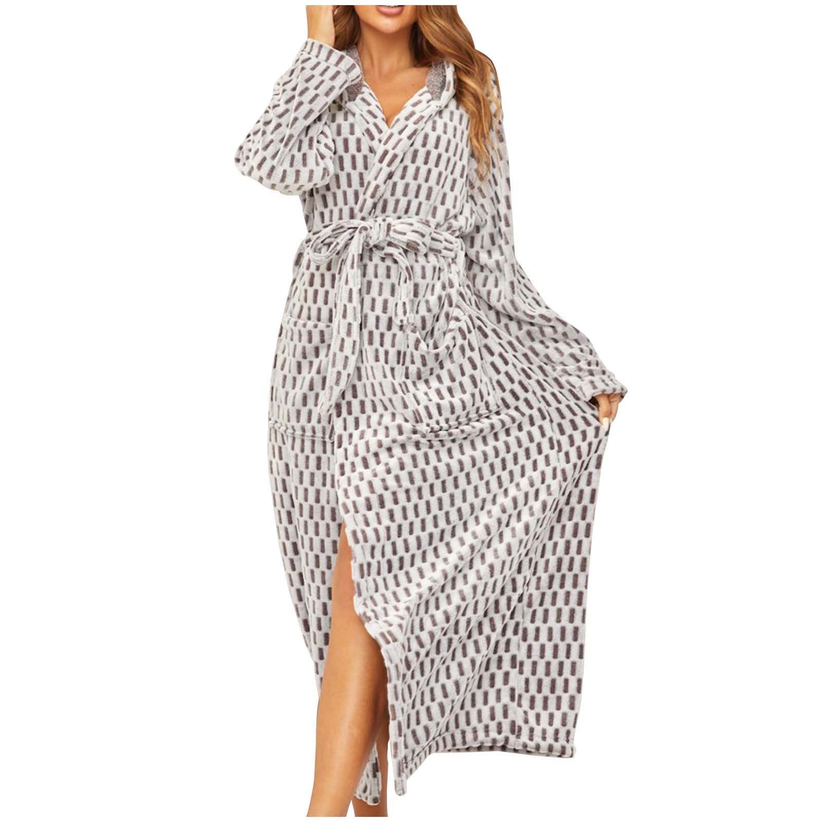 Womens Leopard Print Flannel Hooded Robes Soft Plush Long Sleeve ...