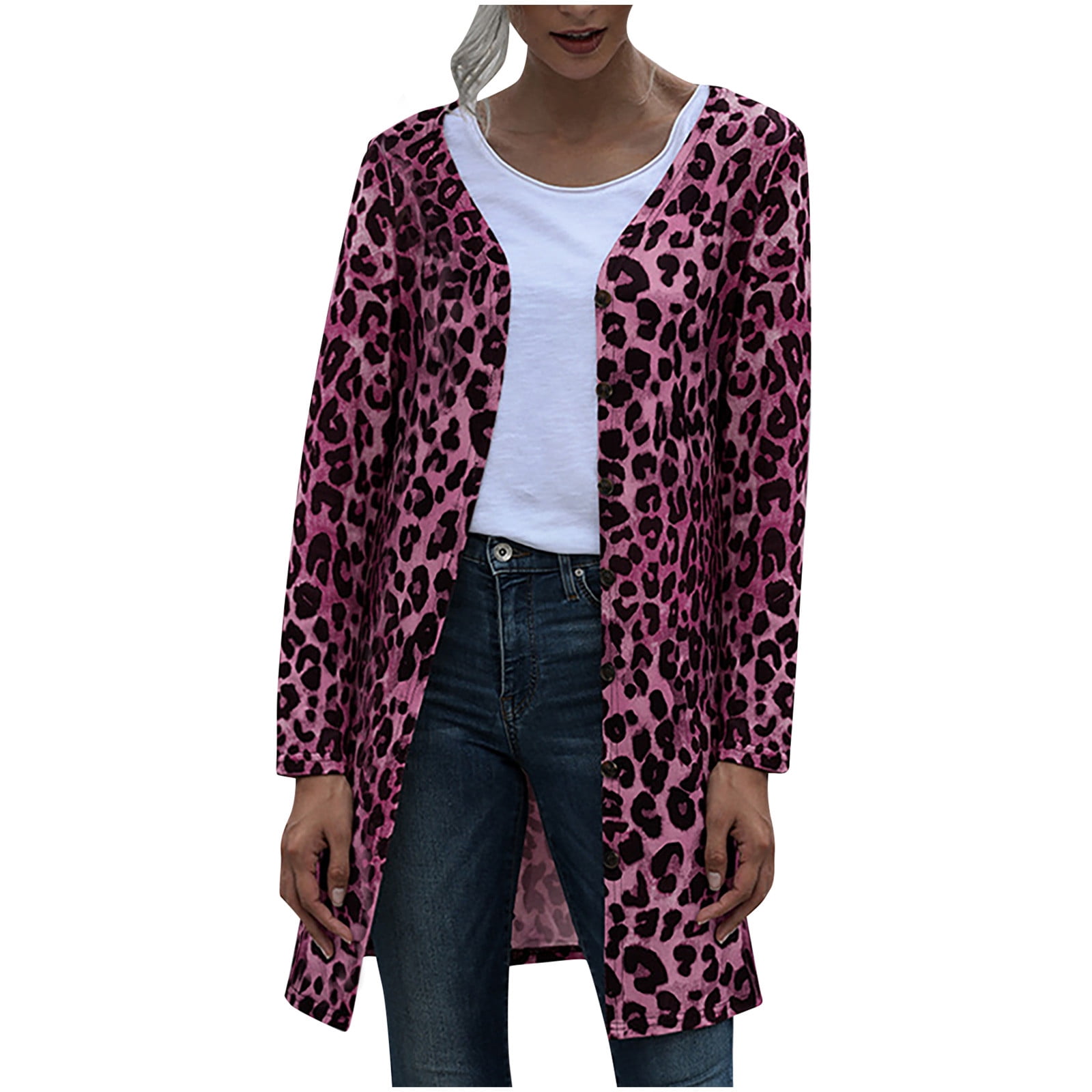 Womens Leopard Print Knitwear Long Sleeve Open Front Cardigan Sweater ...