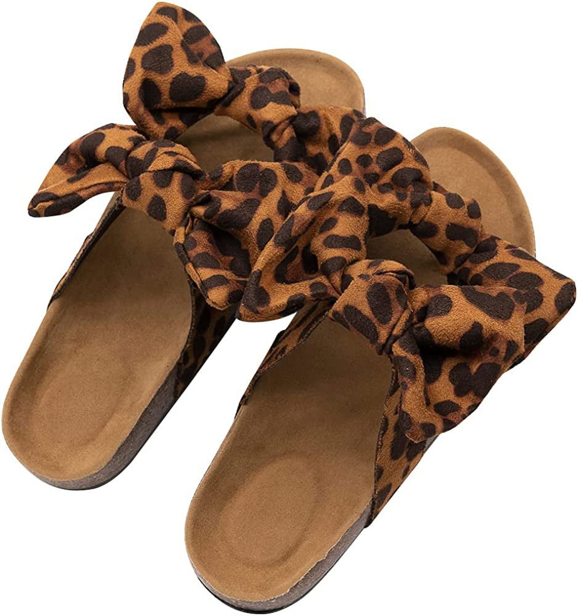 Womens Leopard Slide Sandals Soft Cork Footbed Slip On Slides with Arch ...