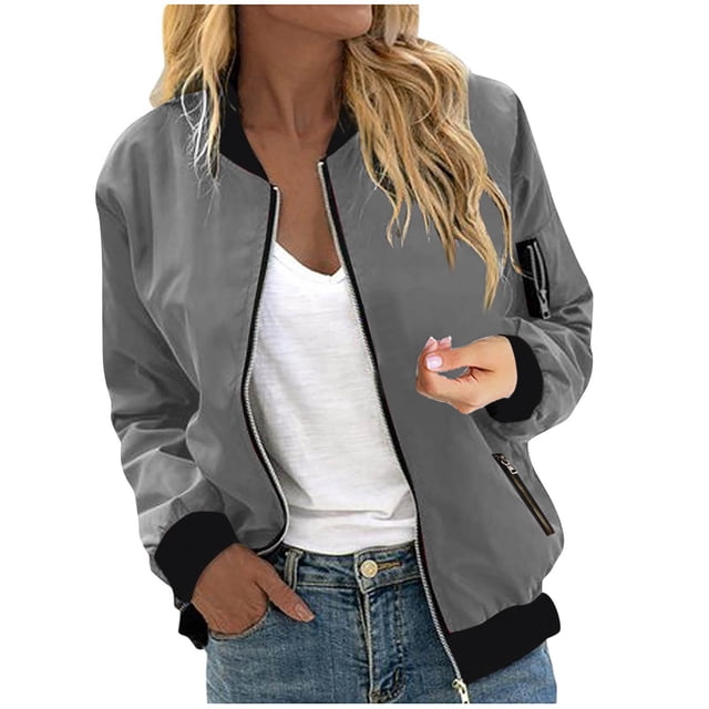Womens Lightweight Jacket No Hood - Full Zip Bomber Jackets with Zipped ...