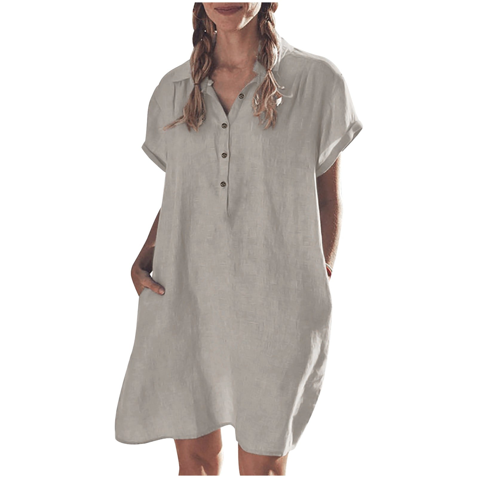 Womens Lightweight Linen Beach Dress Cover Ups Short Sleeve Lapel ...
