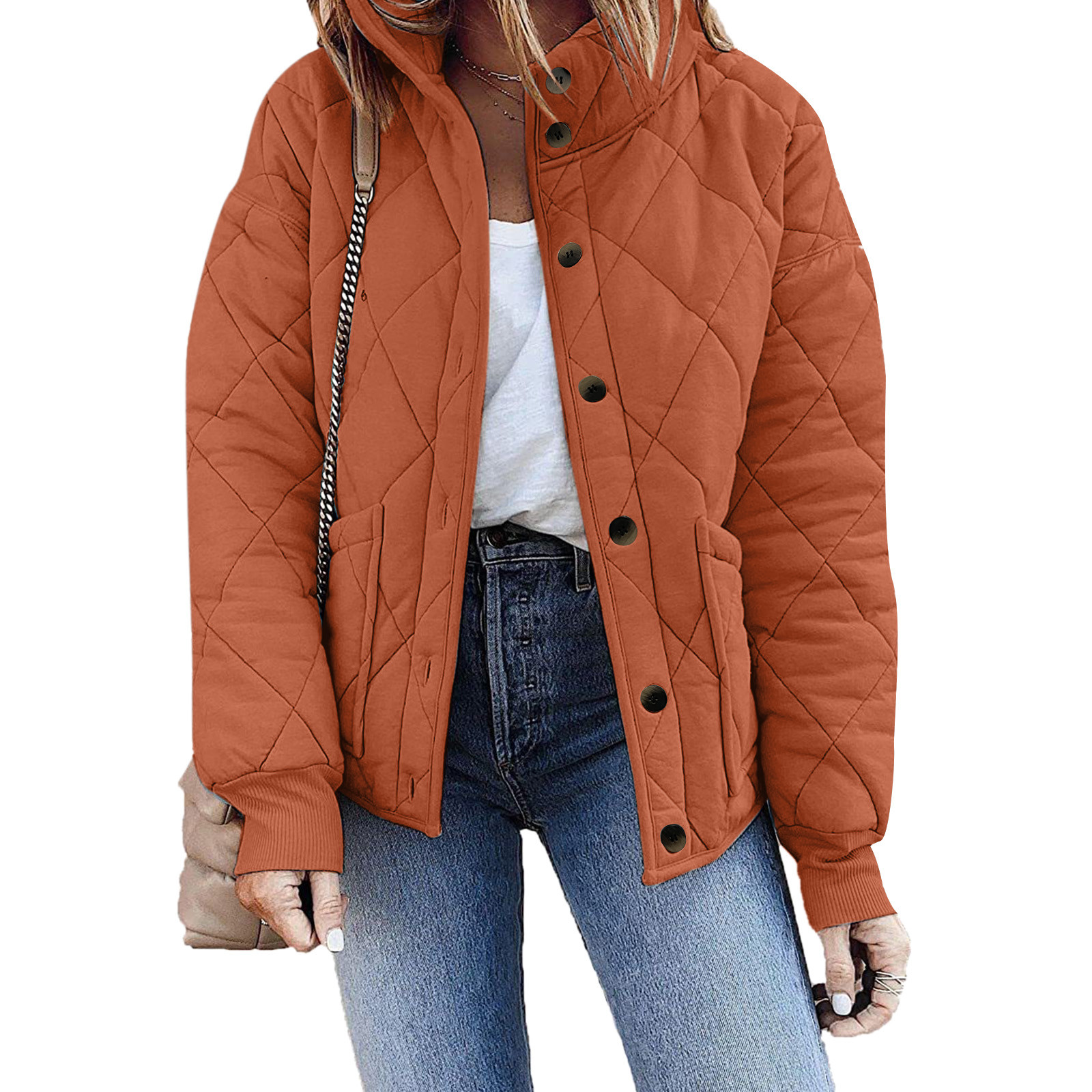 Womens Lightweight Quilted Jacket Button Long Sleeve Stand Collar Warm ...