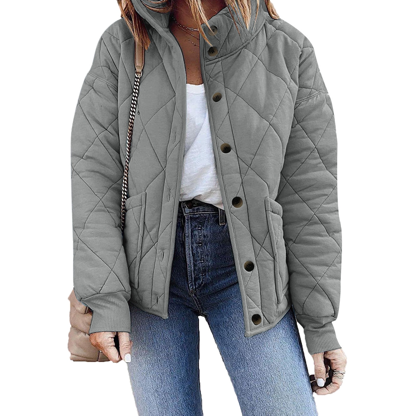 Womens Lightweight Quilted Jacket Button Long Sleeve Stand Collar Warm ...