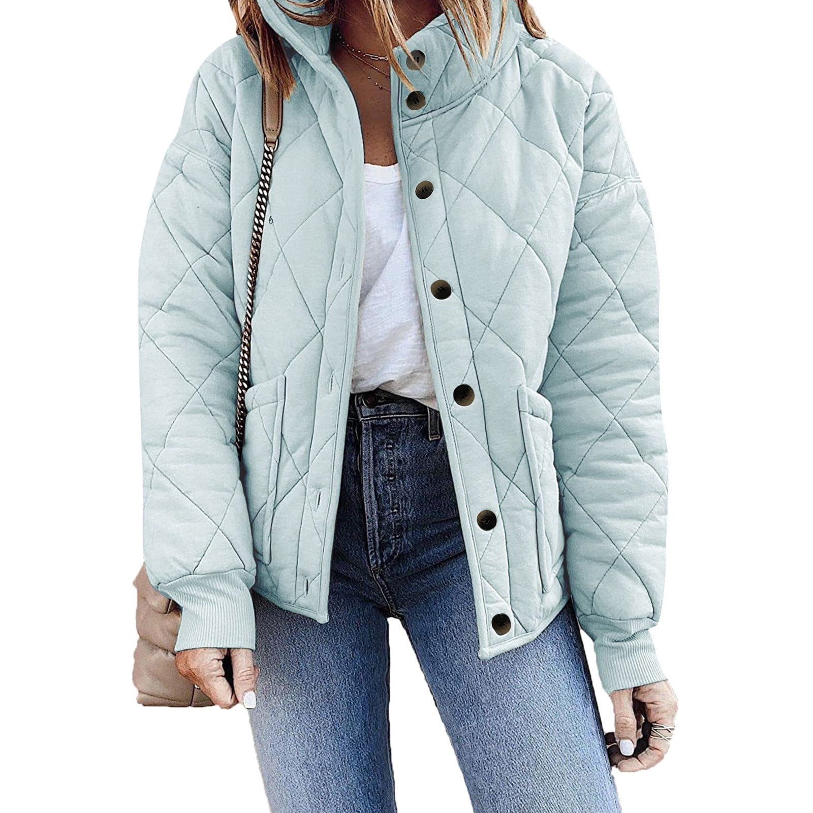 Womens Lightweight Quilted Jacket Button Long Sleeve Stand Collar Warm ...