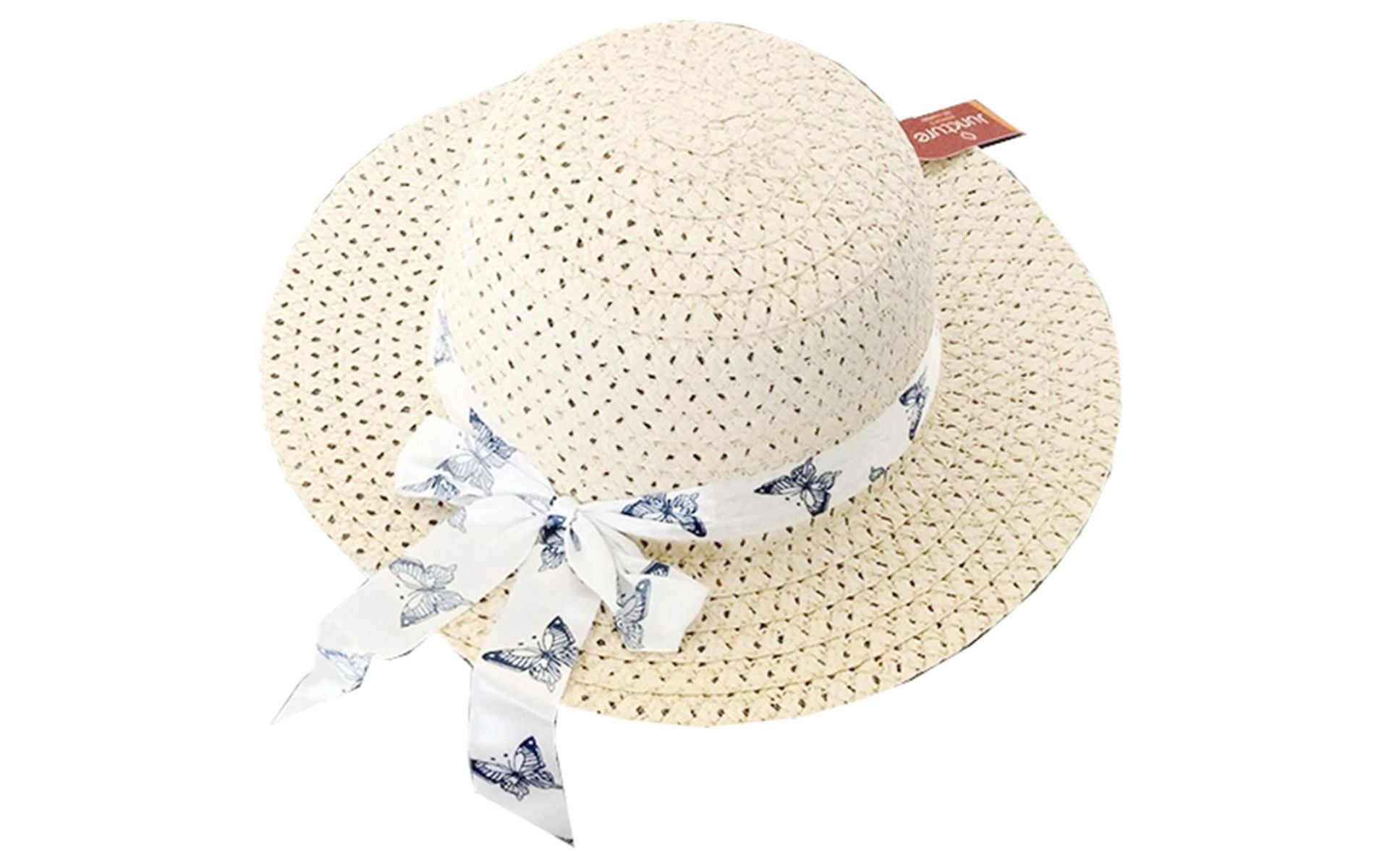 Womens Lightweight Tan Straw Sun Hat Wide Brim w/ White & Blue ...