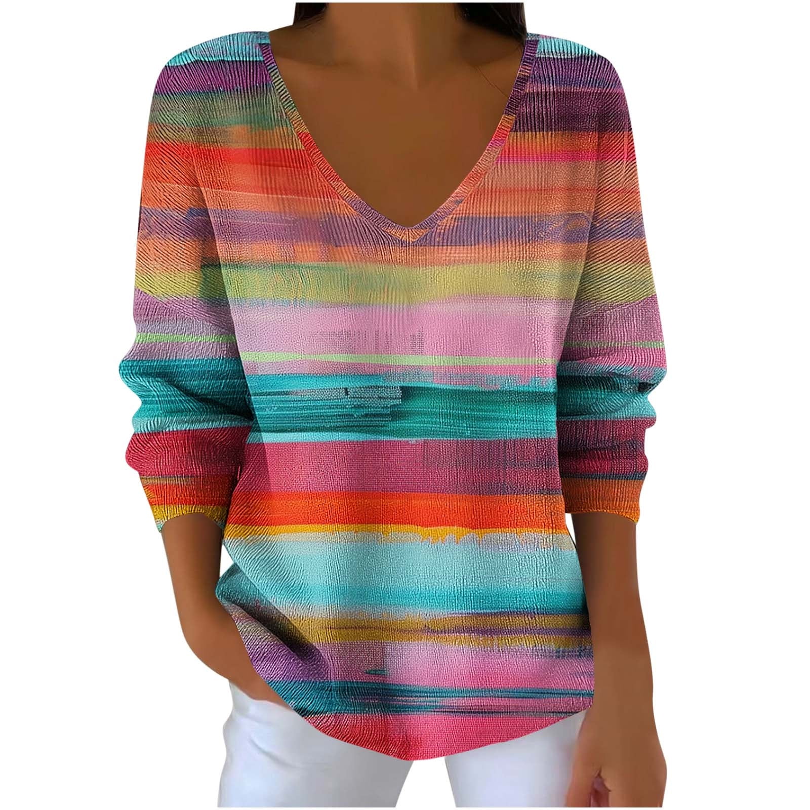 Womens Lightweight V Neck Sweaters Multicolor Striped Long Sleeve ...
