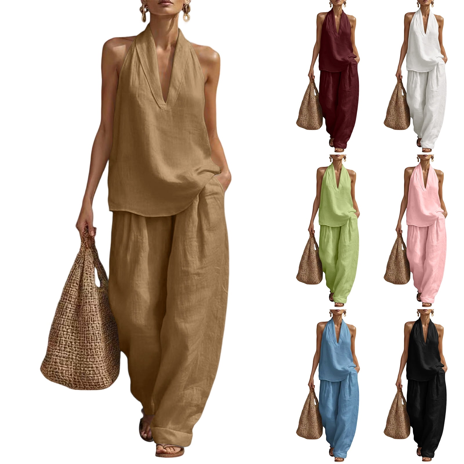 Womens Linen 2 Piece Sets Fashion Sleeveless V Neck Halter Top Matching ...