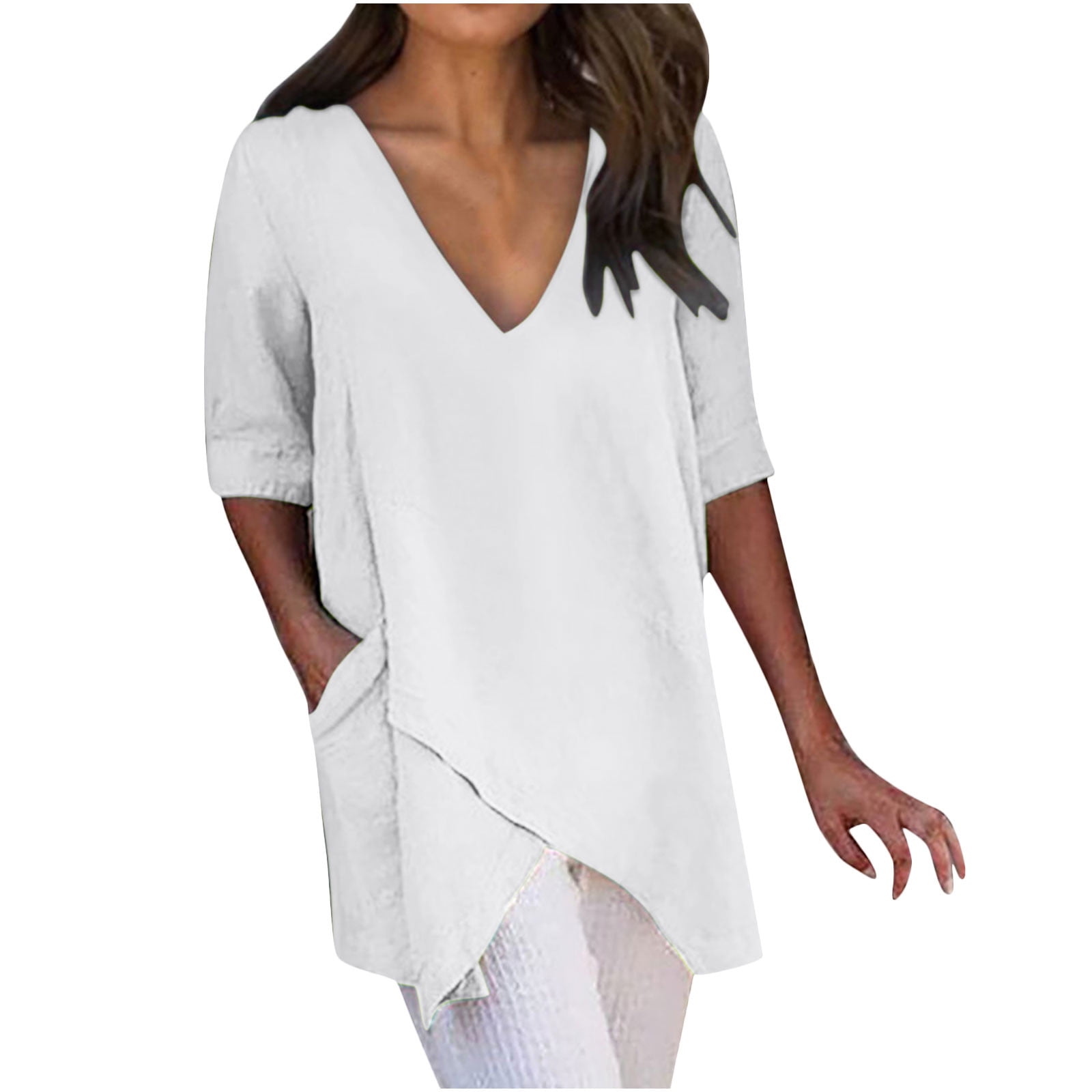 Womens Linen Blouse Tunic Short Sleeve Shirt Tops Summer Loose Front ...